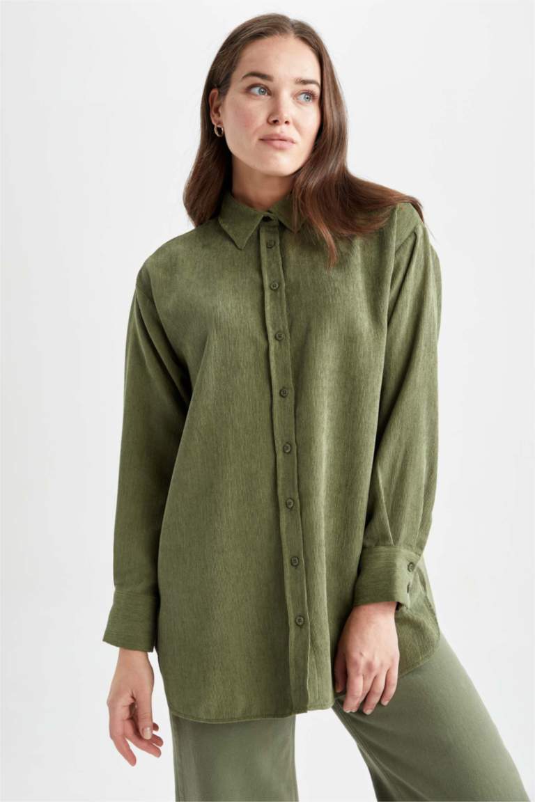 Green Woman Relax Fit Shirt Collar Basic Corduroy Shirt Tunic 2735070 ...