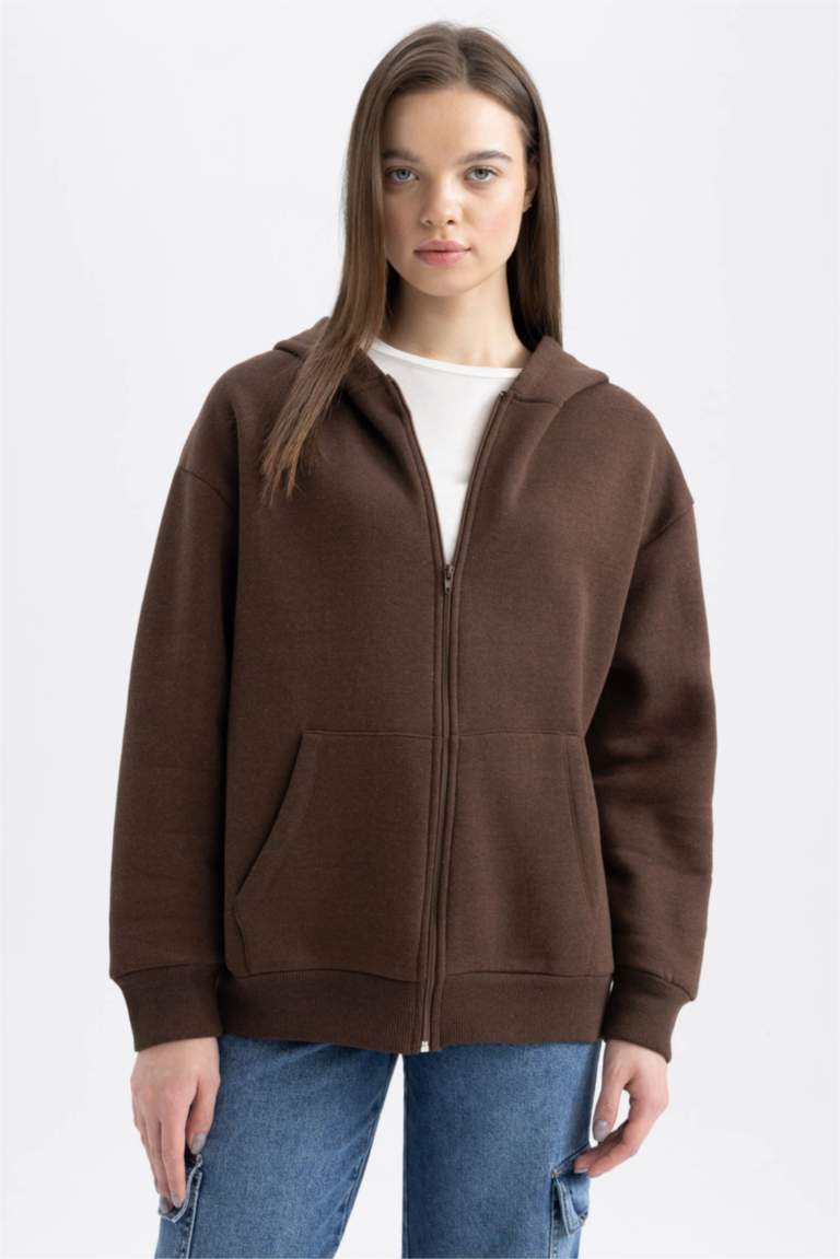 Kahve Kadın Oversize Fit Kapüşonlu Fermuarlı Basic Sweatshirt 2742883 | DeFacto