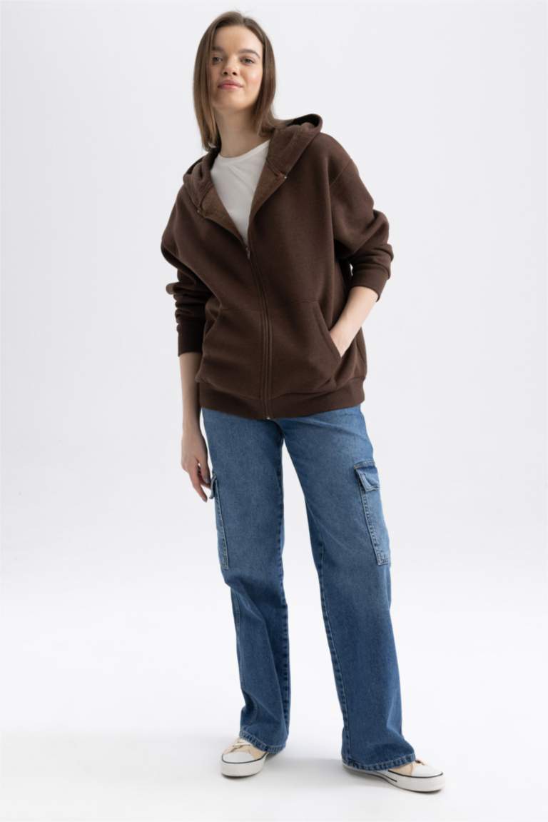 Kahve Kadın Oversize Fit Kapüşonlu Fermuarlı Basic Sweatshirt 2742883 | DeFacto