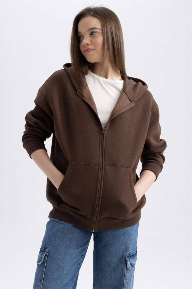Kahve Kadın Oversize Fit Kapüşonlu Fermuarlı Basic Sweatshirt 2742883 | DeFacto