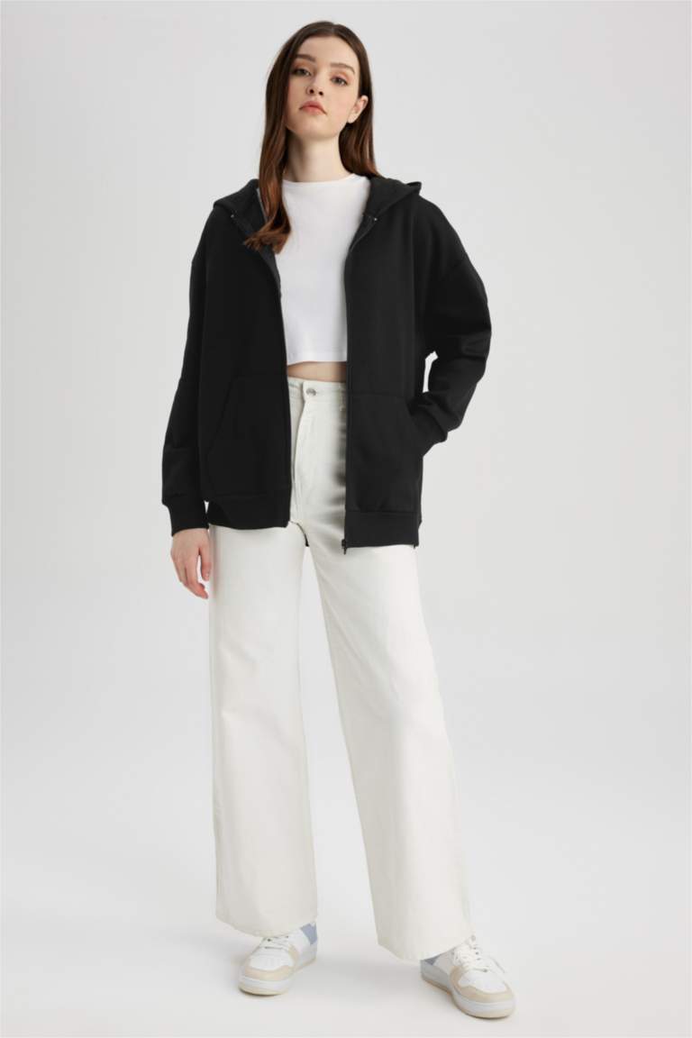 Siyah Kadın Oversize Geniş Kalıp Kapüşonlu Fermuarlı Basic Sweatshirt ...