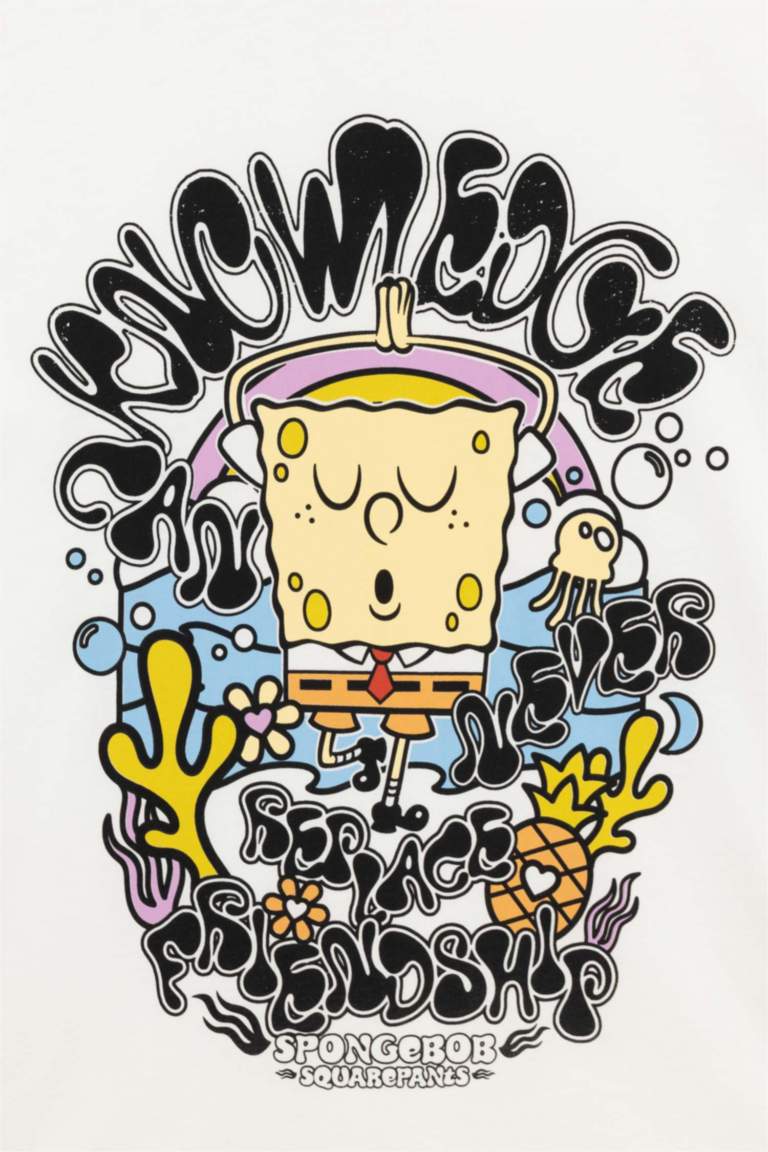 Beyaz Kadın Coool SpongeBob Oversize Fit Baskılı Kısa Kollu %100 Pamuk ...