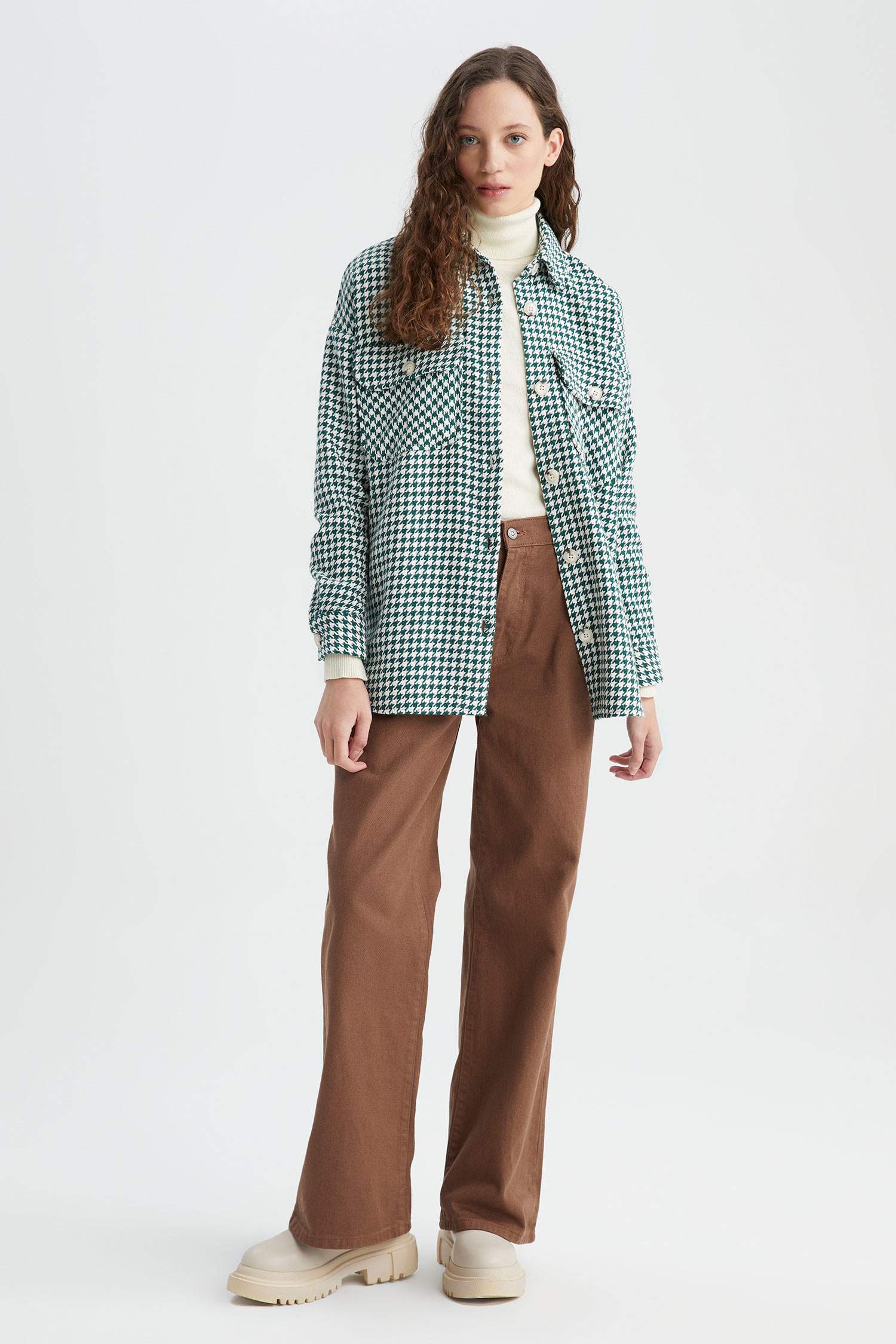 Green WOMAN Oversize Fit Shirt Collar Crowbar Pattern Tweed Long Sleeve ...