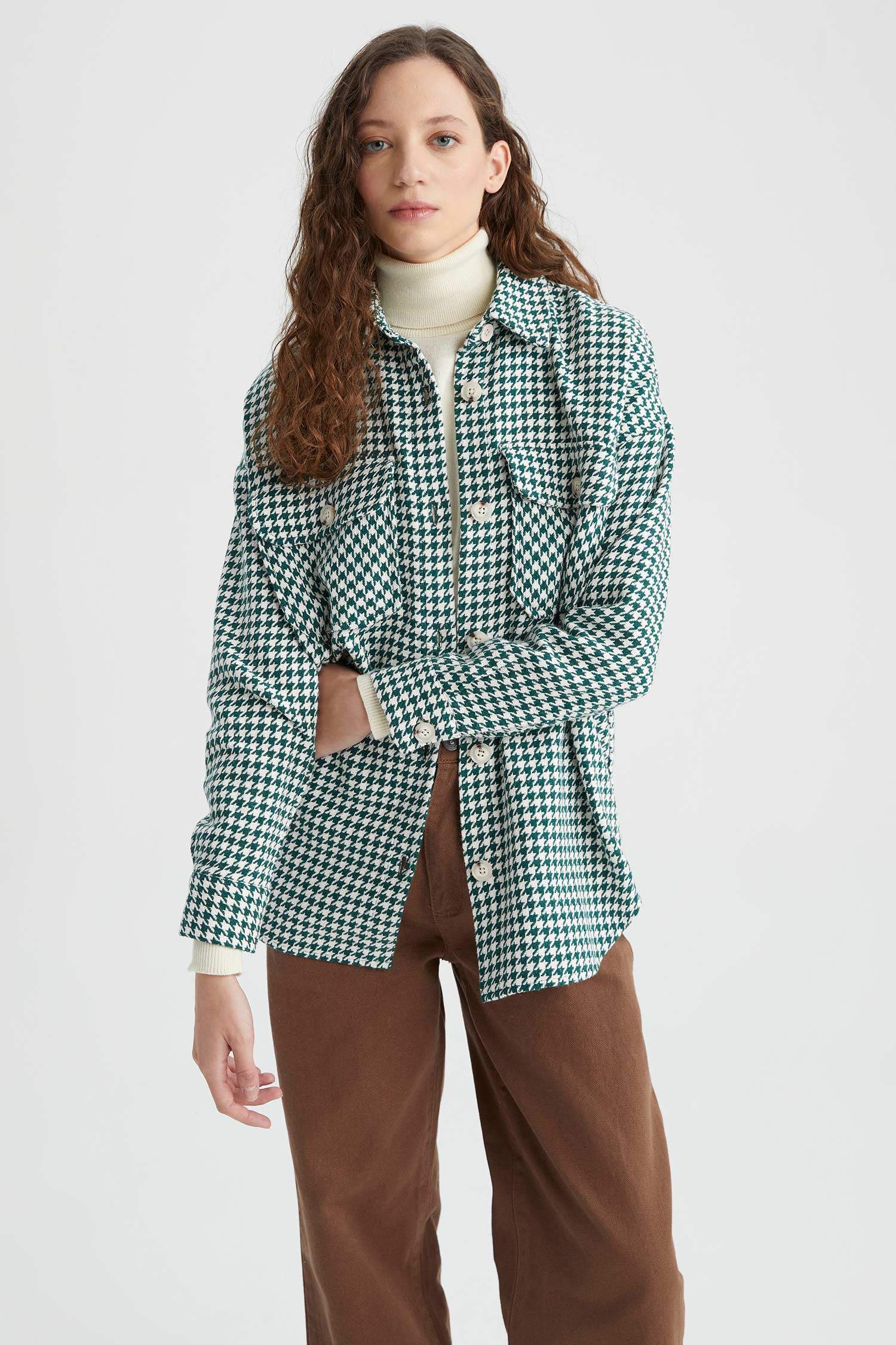 Green WOMAN Oversize Fit Shirt Collar Crowbar Pattern Tweed Long Sleeve ...