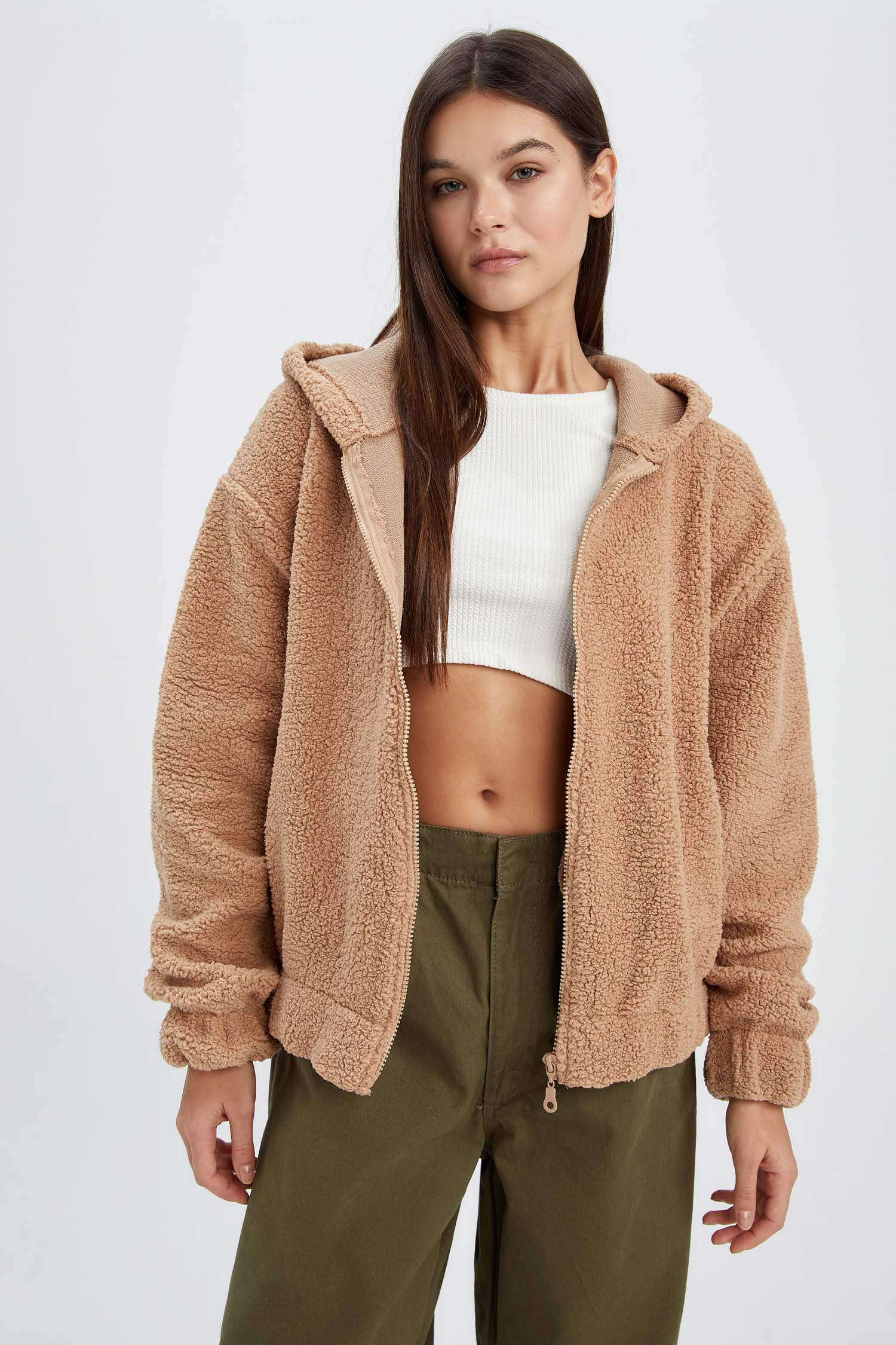 Bej Kadın Coool Oversize Geniş Kalıp Welsoft Pelüş Hırka 2777837 | DeFacto