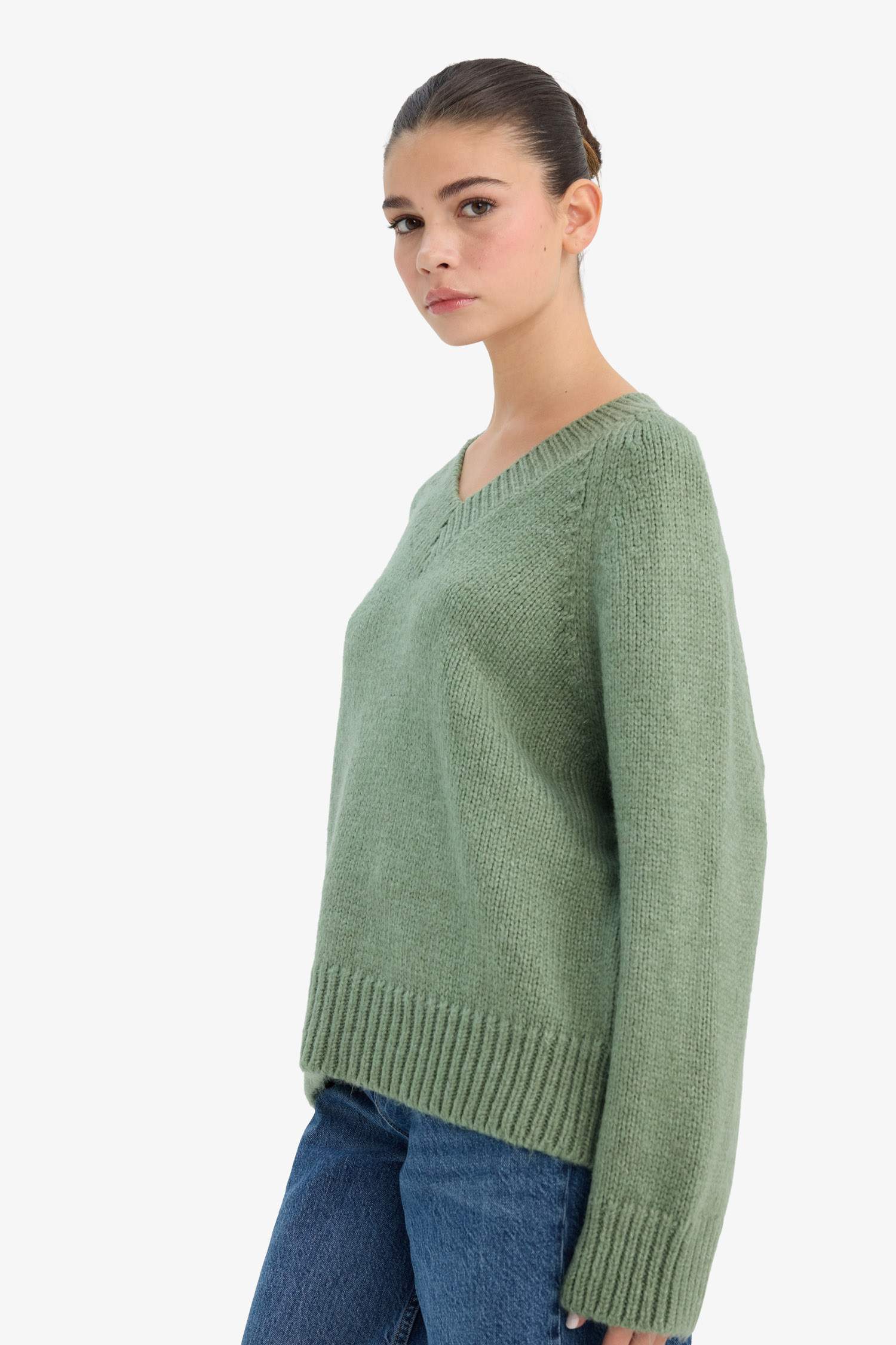 Khaki WOMAN Oversize Fit V-Neck Pullover 3379202 | DeFacto