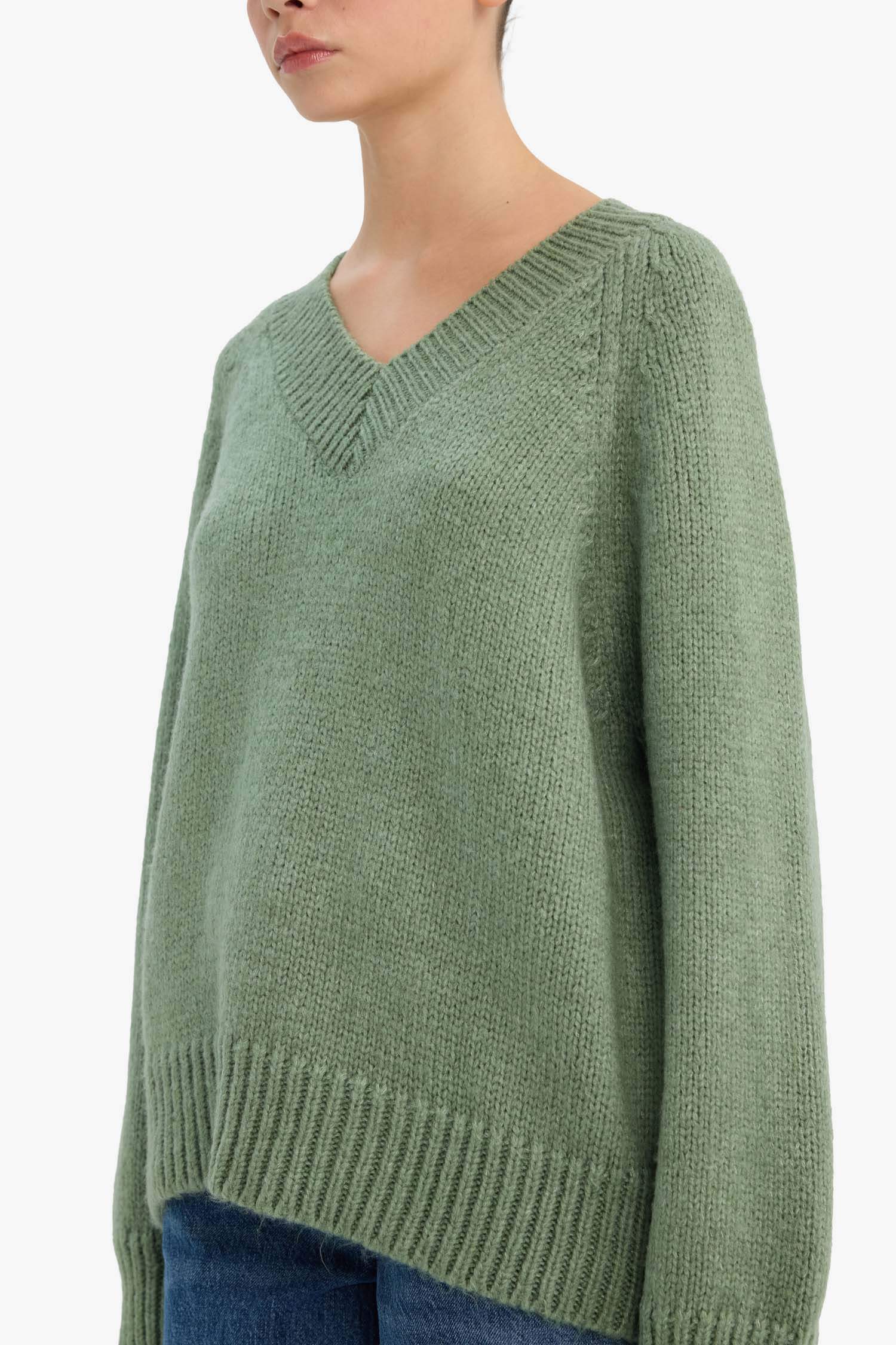 Khaki WOMAN Oversize Fit V-Neck Pullover 3379202 | DeFacto