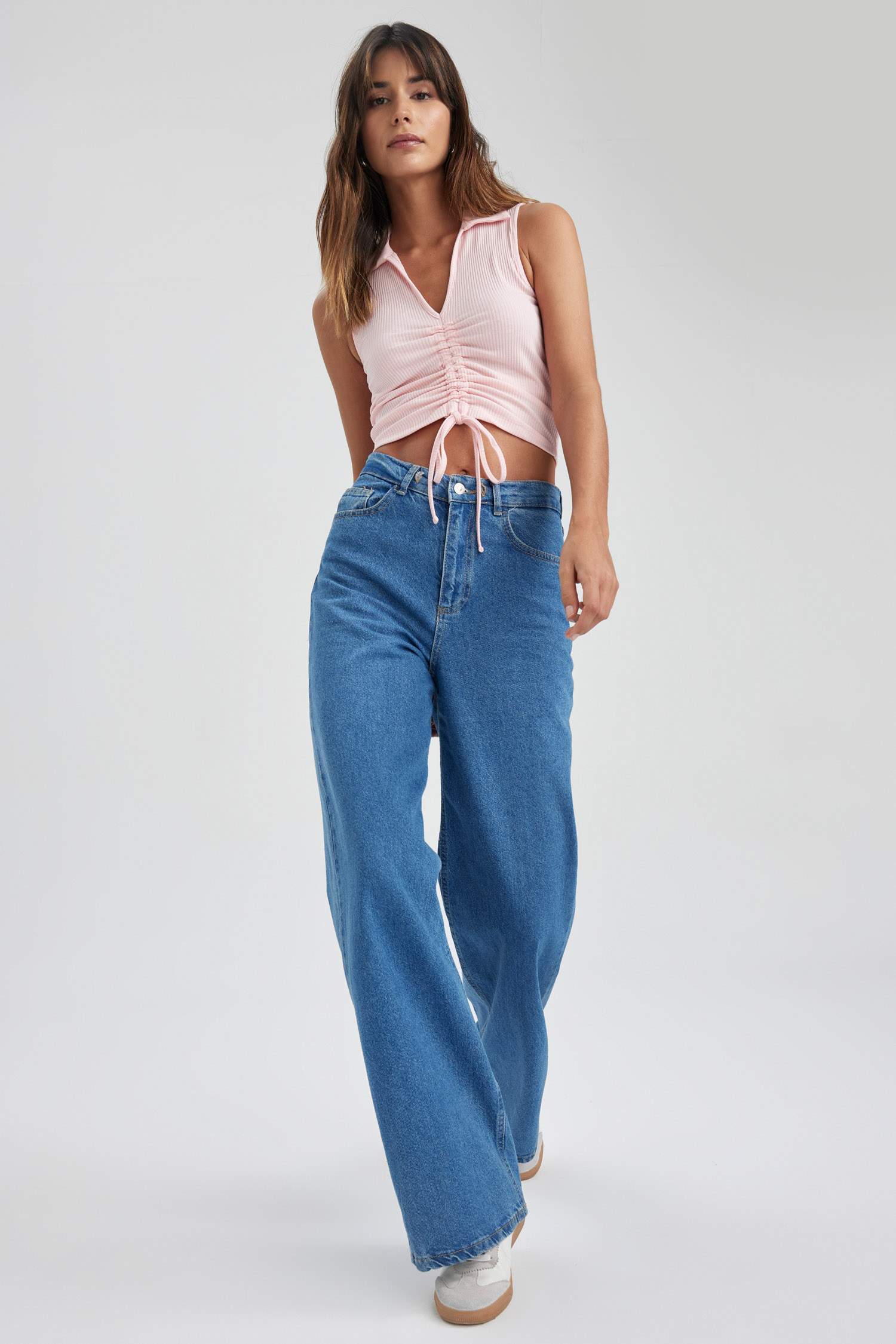 Pink Woman Slim Fit Polo Neck Corduroy Camisole Singlet 2792313 | DeFacto