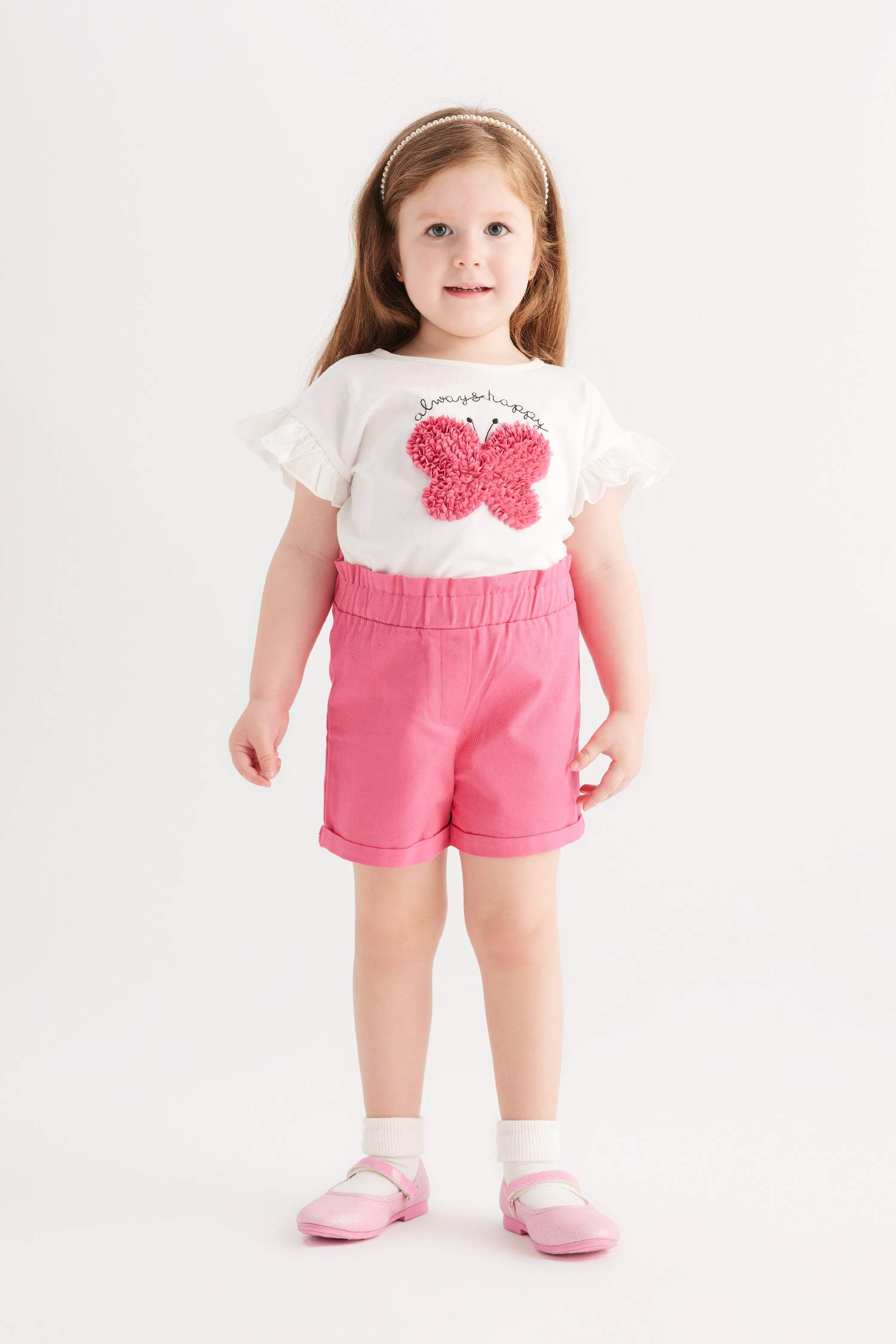 Pembe Kız Bebek Kız Bebek Kelebek Desenli Kısa Kollu Tişört Gabardin ...