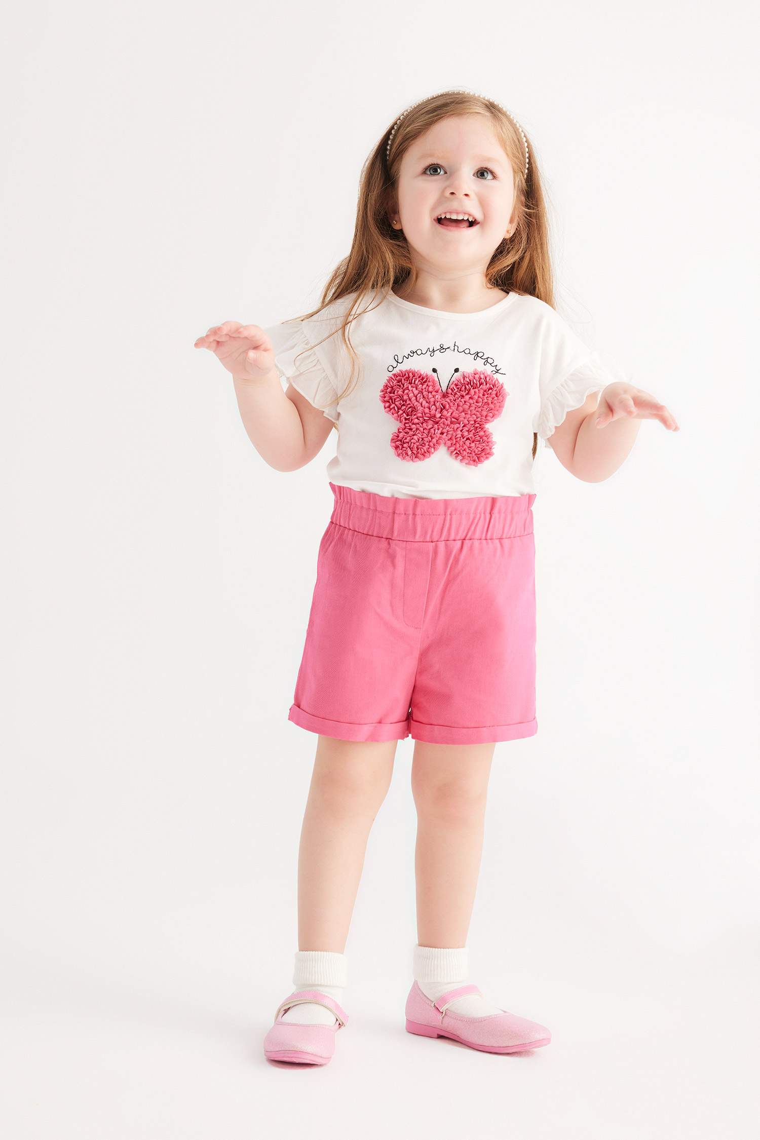 Pembe Kız Bebek Kız Bebek Kelebek Desenli Kısa Kollu Tişört Gabardin ...