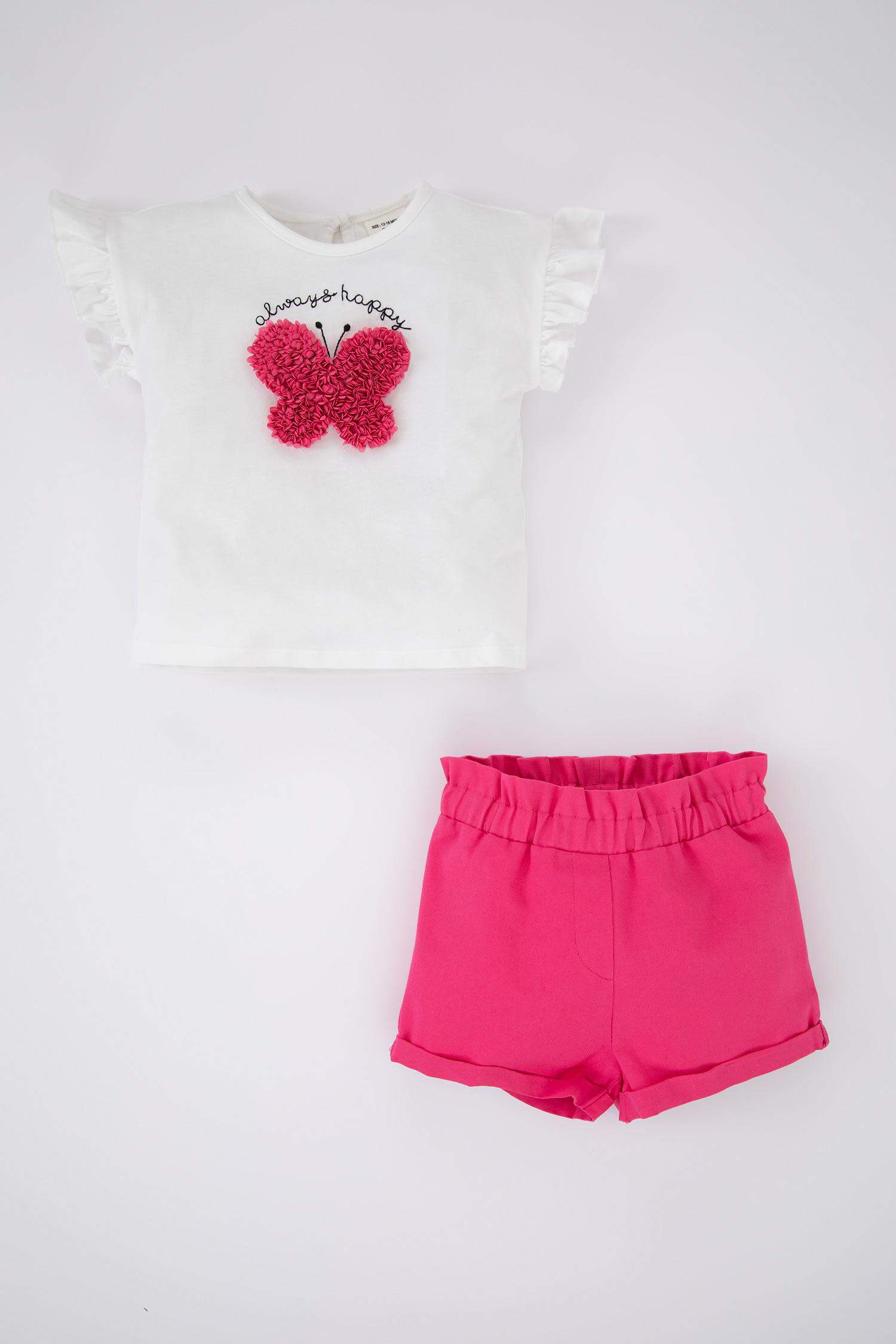Pembe Kız Bebek Kız Bebek Kelebek Desenli Kısa Kollu Tişört Gabardin ...