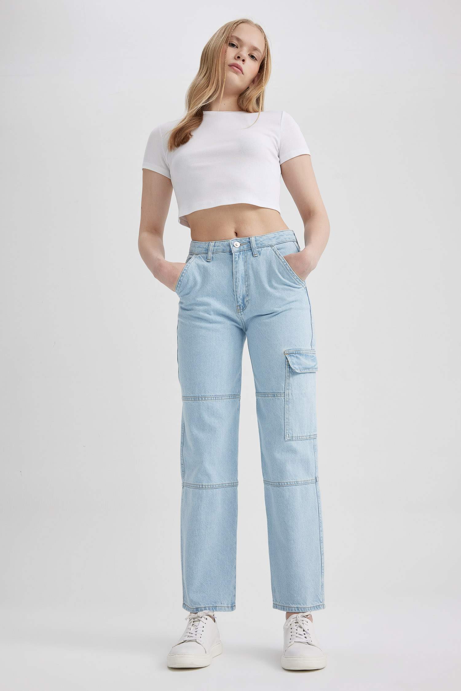 Blue Woman Cargo Fit Jean Long Cotton Trousers 2825272 | DeFacto