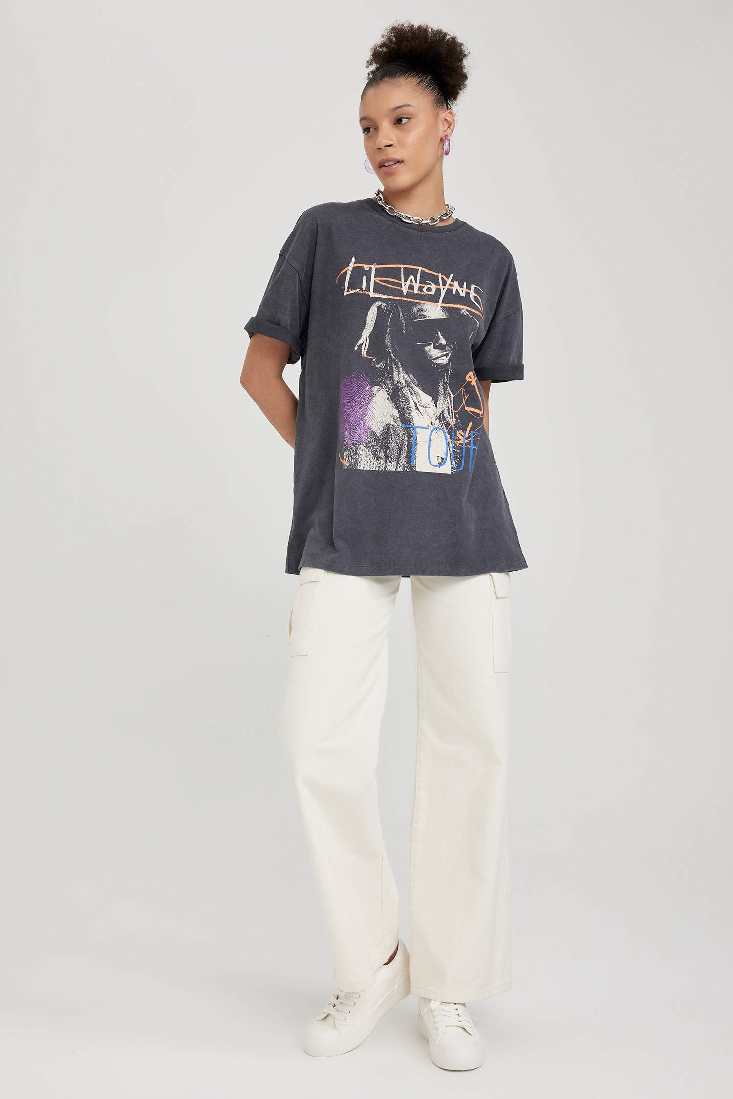 Antrasit Kadın Coool Lil Wayne Oversize Fit Kısa Kollu %100 Pamuk ...