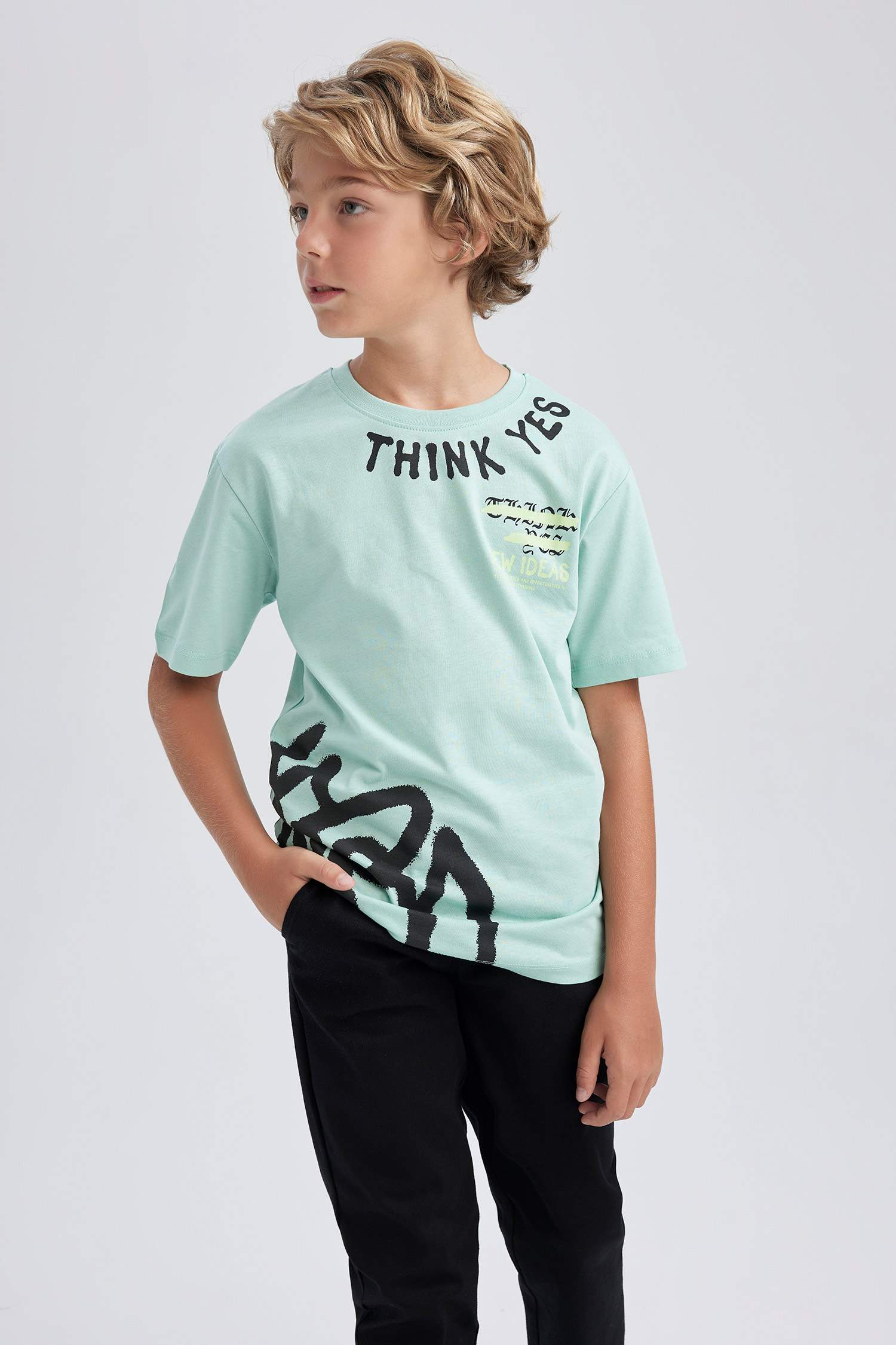 Yeşil Erkek Çocuk - Genç Erkek Erkek Çocuk Bisiklet Yaka Baskılı Kısa ...