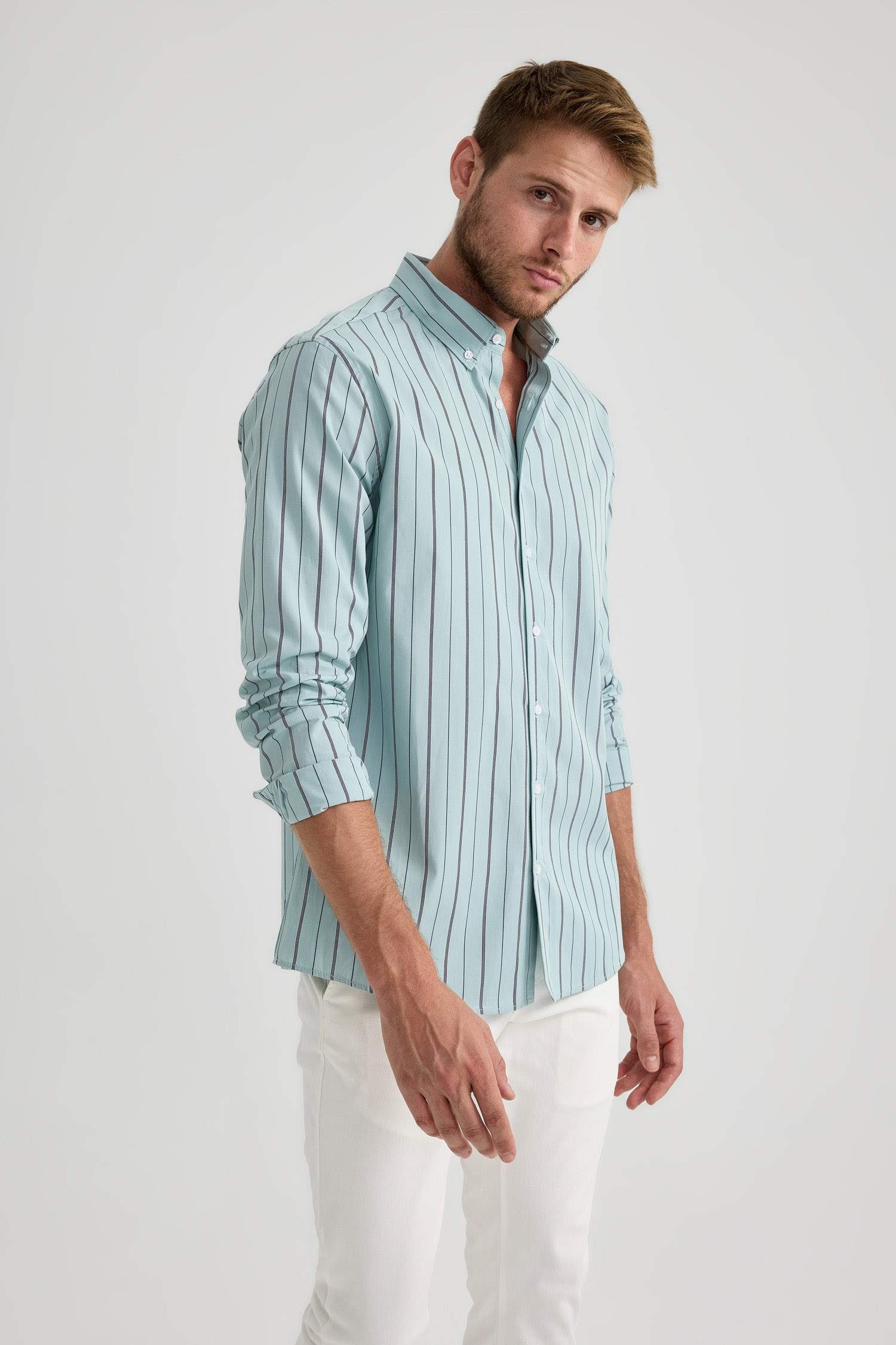 Turquoise MAN Modern Fit Woven Striped Long Sleeve Shirt 2911276 | DeFacto