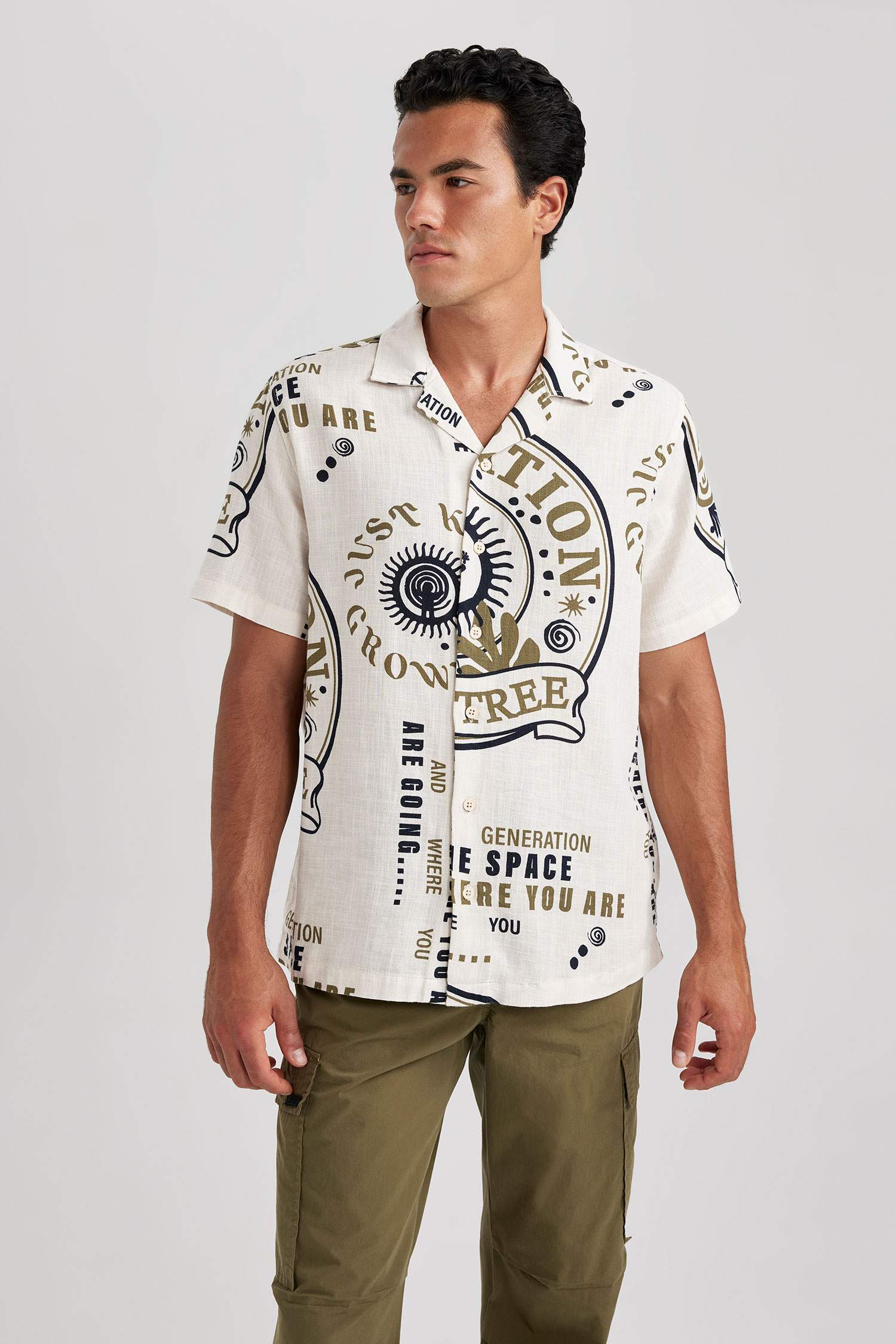 Beige Man Relax Fit Cotton Printed Short Sleeve Shirt 2854609 | DeFacto