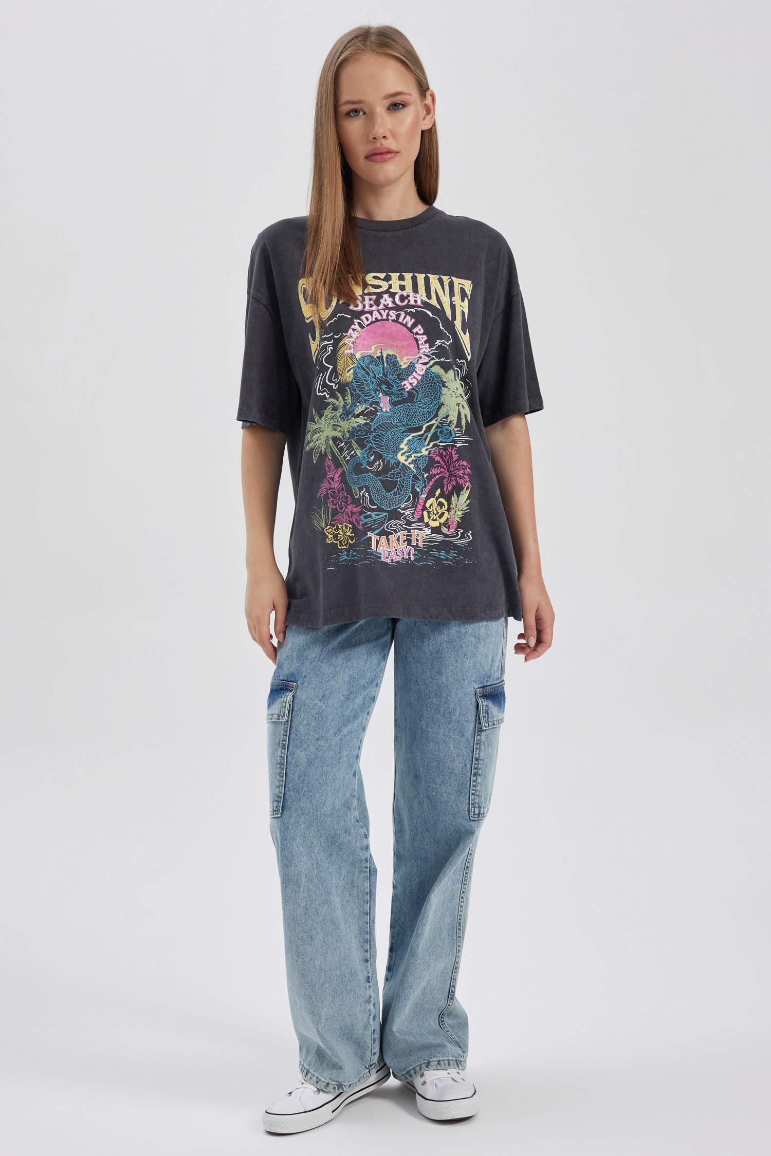 Anthrazit Damen Oversize Fit T-Shirt 2848832 | DeFacto