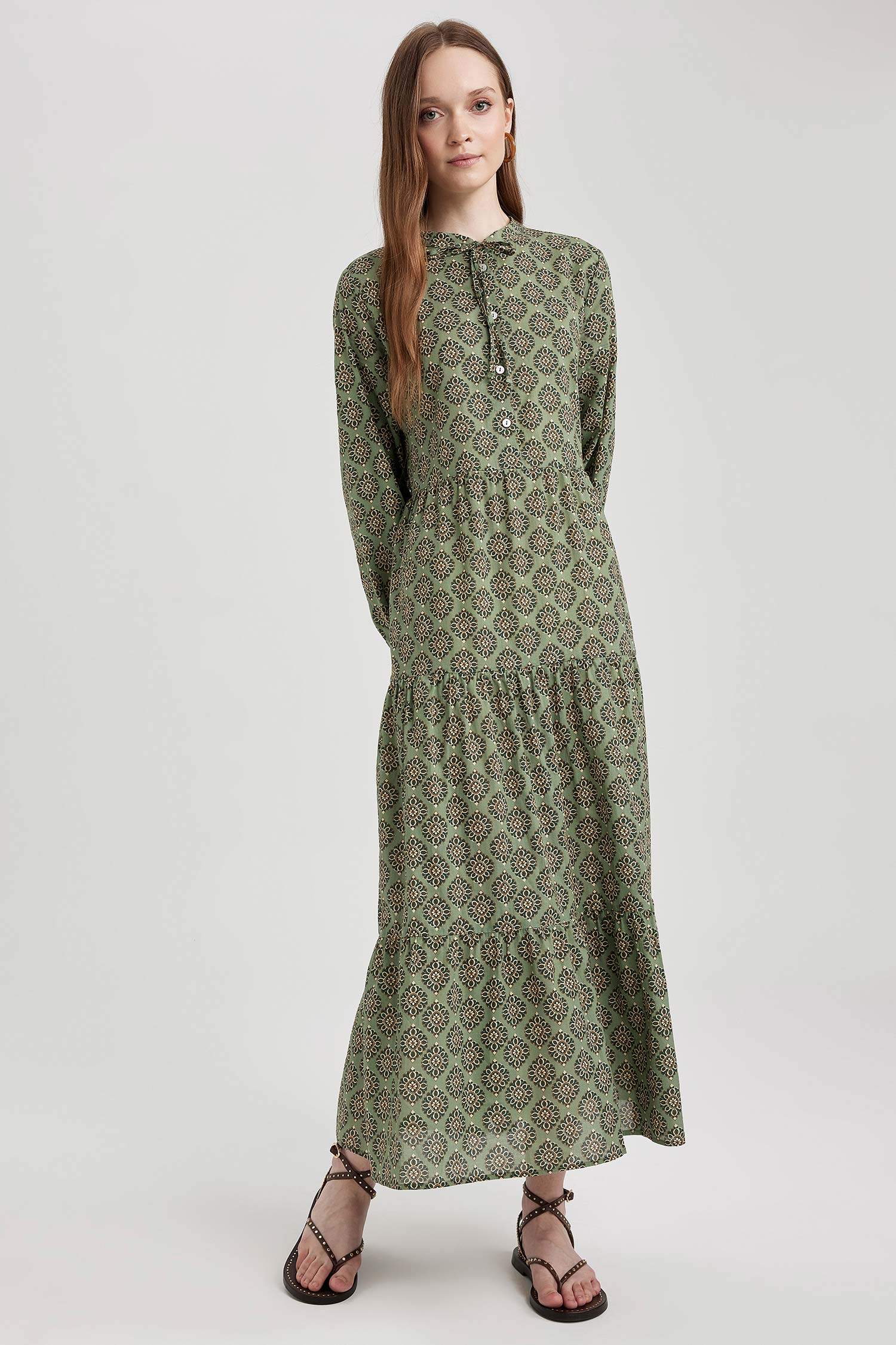 Yeşil Kadın Uzun Kollu %100 Pamuk Elbise 2897005 | DeFacto