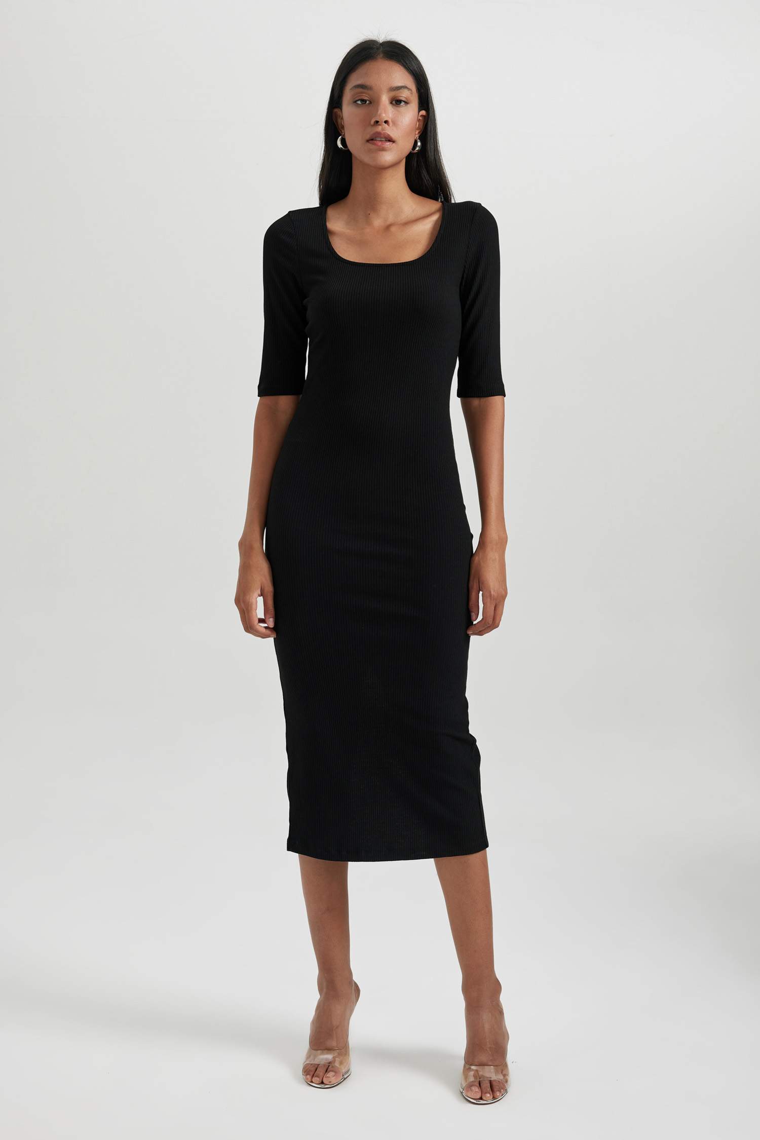 Black WOMAN Bodycon Square Collar Camisole Midi Long Sleeve Dress ...