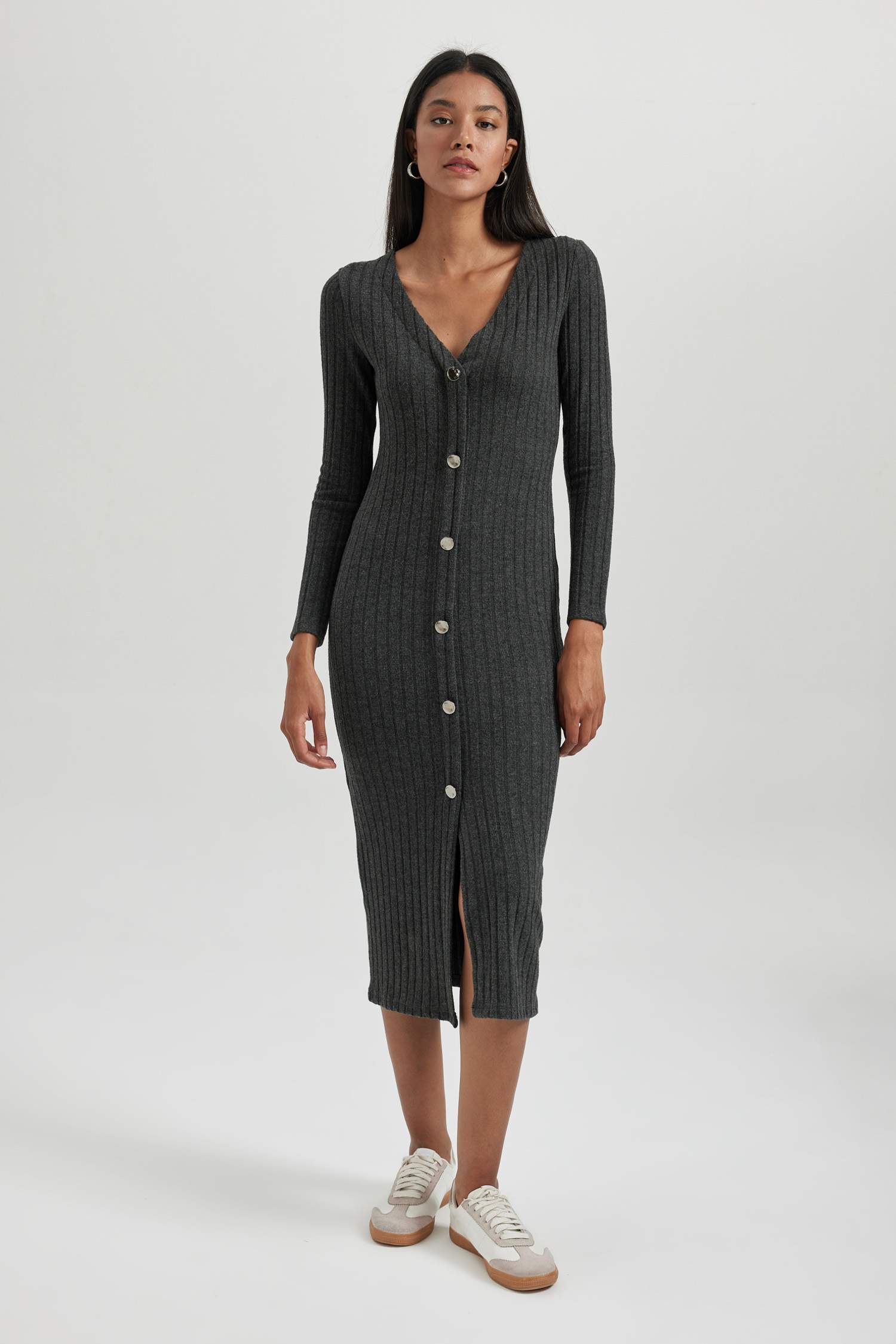 Anthracite Woman Bodycon V-Neck Camisole Midi Long Sleeve Dress 2940207 ...