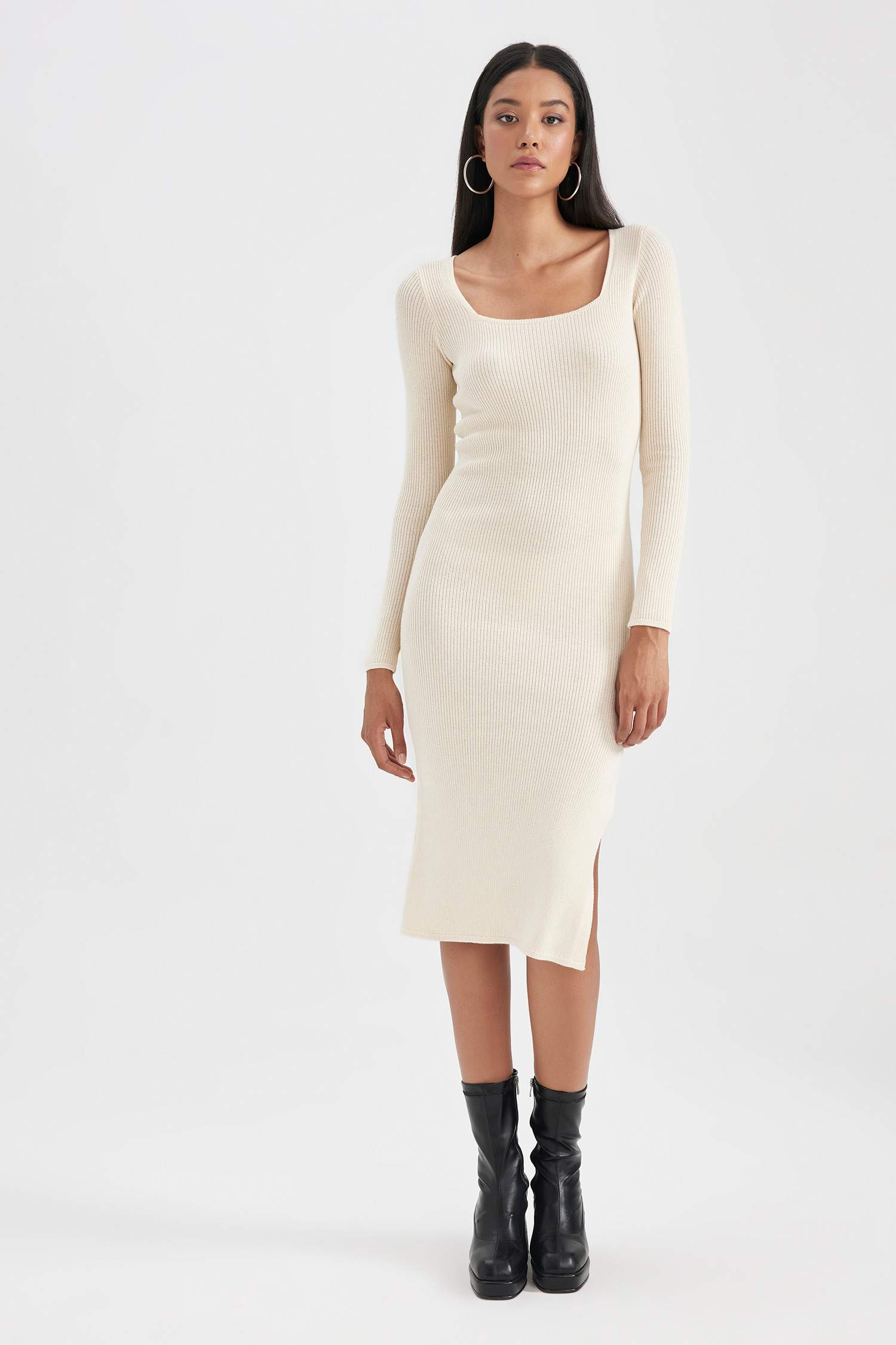 Beige WOMAN Slim Fit Square Collar Ribana Dress 2935195 | DeFacto