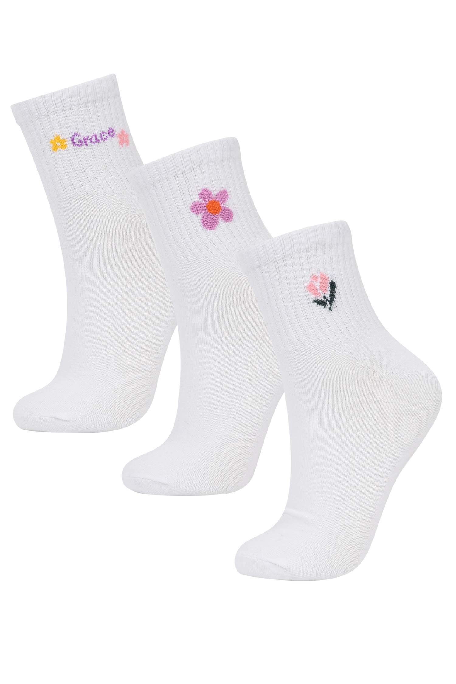 White WOMAN Woman Flower 3 piece Short Socks 3071686 | DeFacto