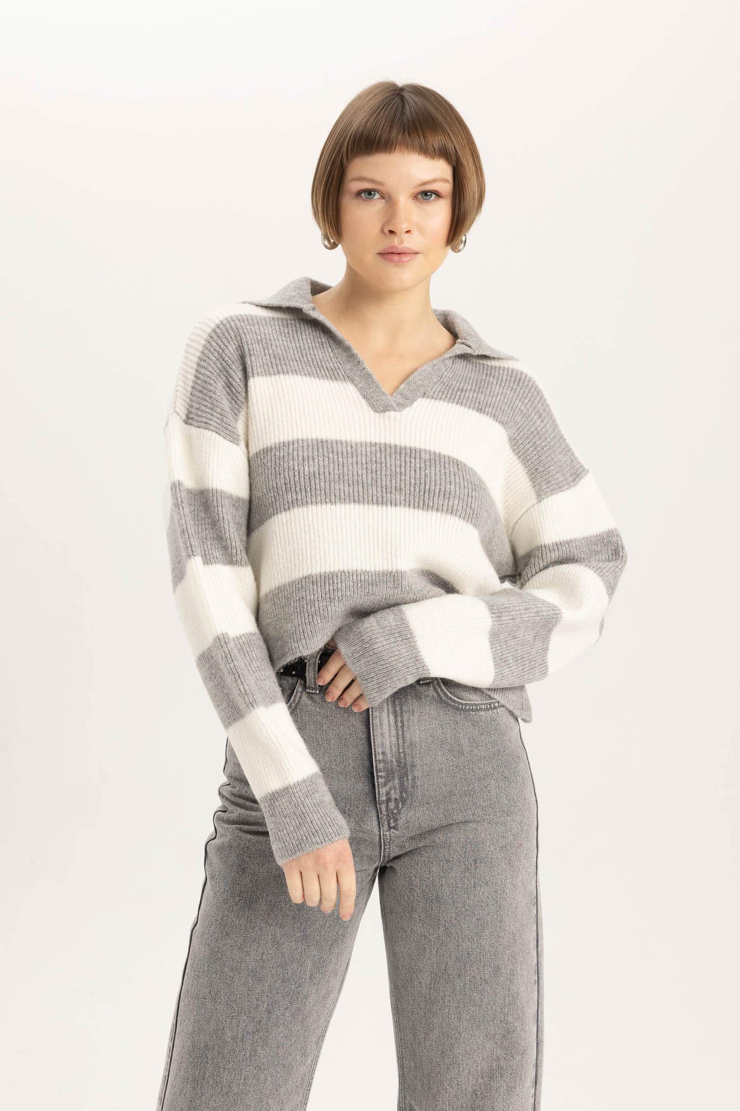 Grey WOMAN Relax Fit Polo Collar Thessaloniki Fabric Pullover 3060851 ...