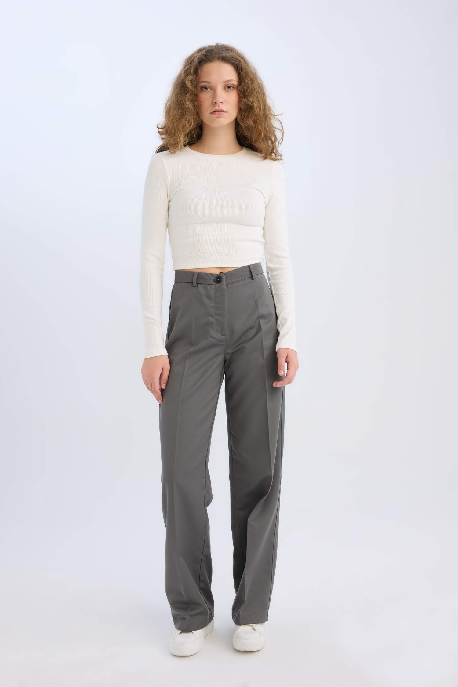 Grey WOMAN Wide Leg High Waist Standard Length Trousers 3144645 | DeFacto