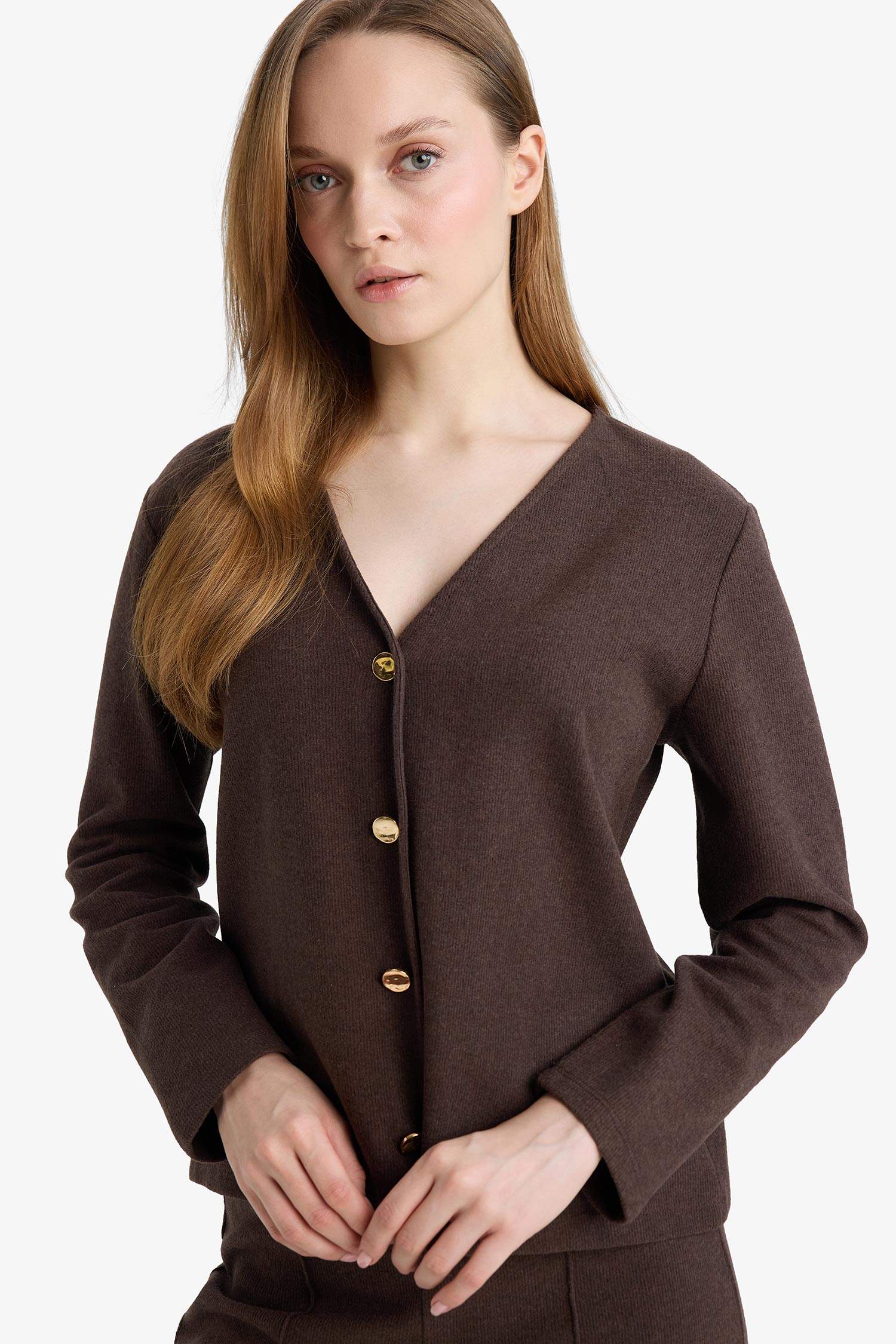 Brown WOMAN Regular Fit V-Neck Pique Cardigan 3442626 | DeFacto