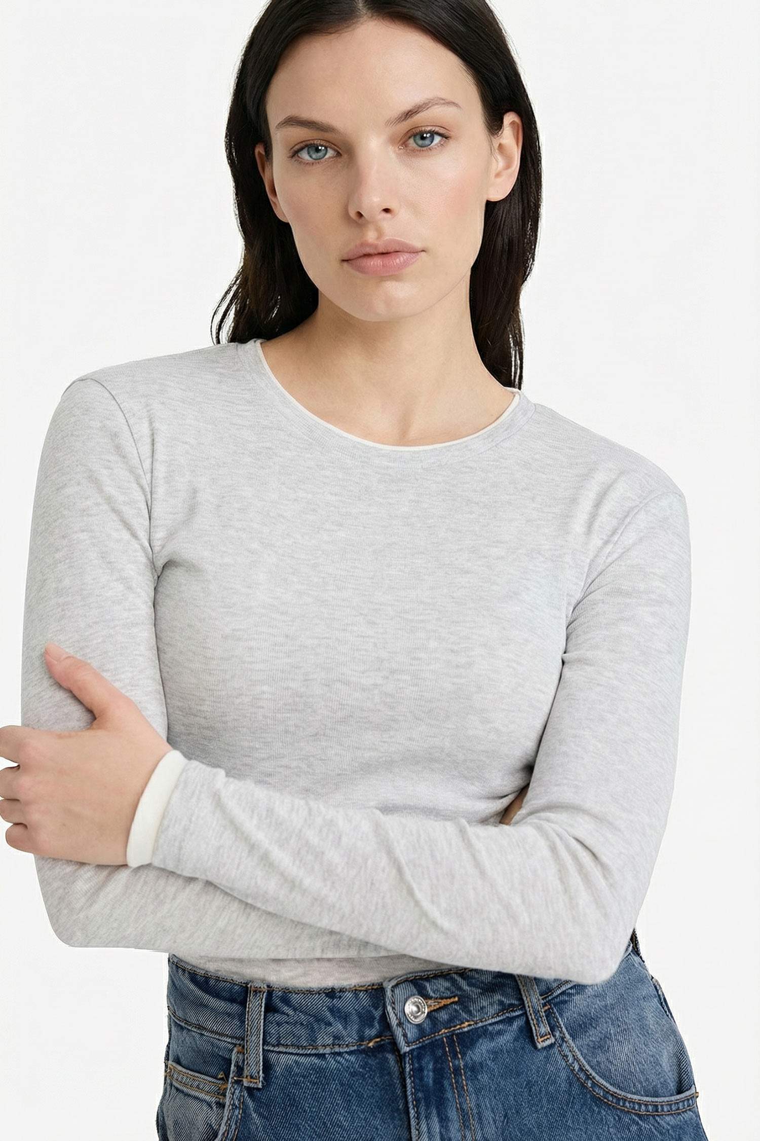 Grey WOMAN Slim Fit Crew Neck Ribbed T-Shirt 3443883 | DeFacto