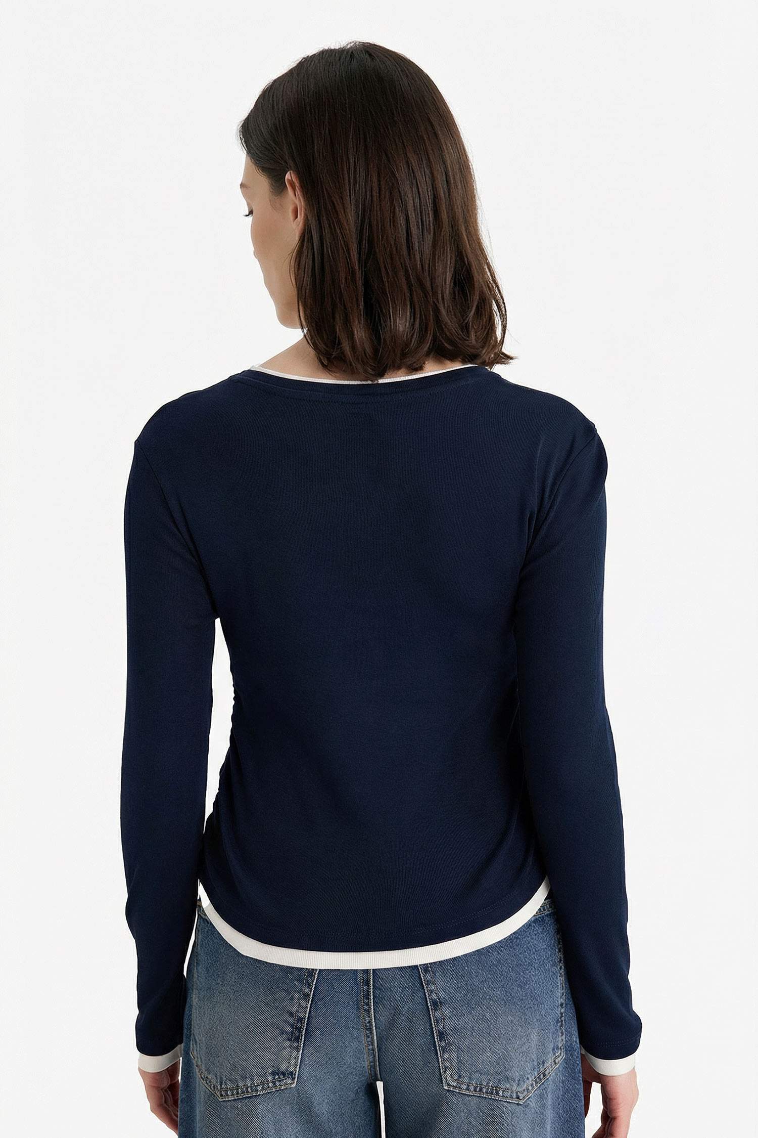 Navy WOMAN Slim Fit Ribbed Long Sleeve T-Shirt 3443882 | DeFacto