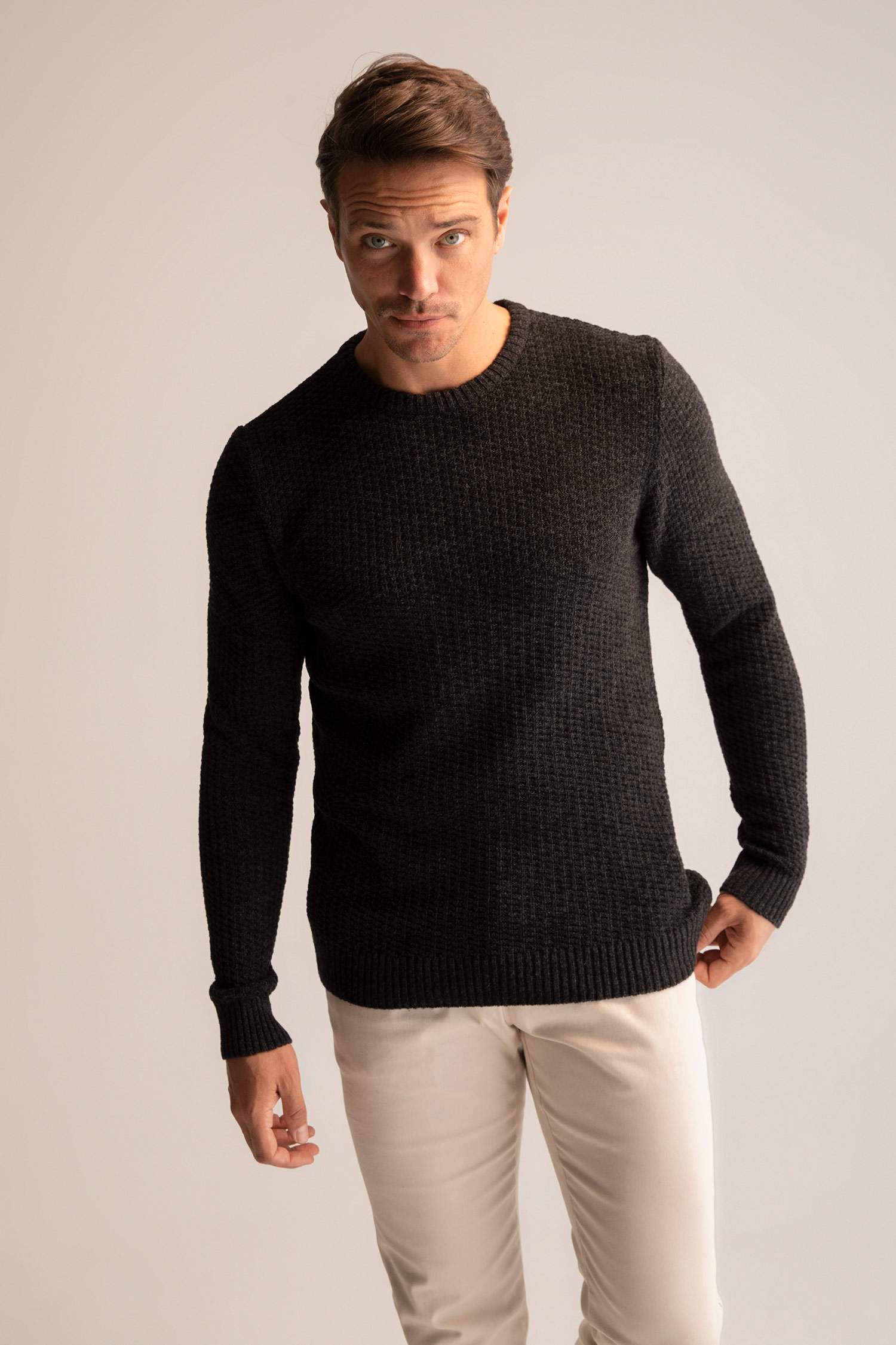 Anthracite MAN Basic Crew Neck Textured Jumper 1995572 | DeFacto