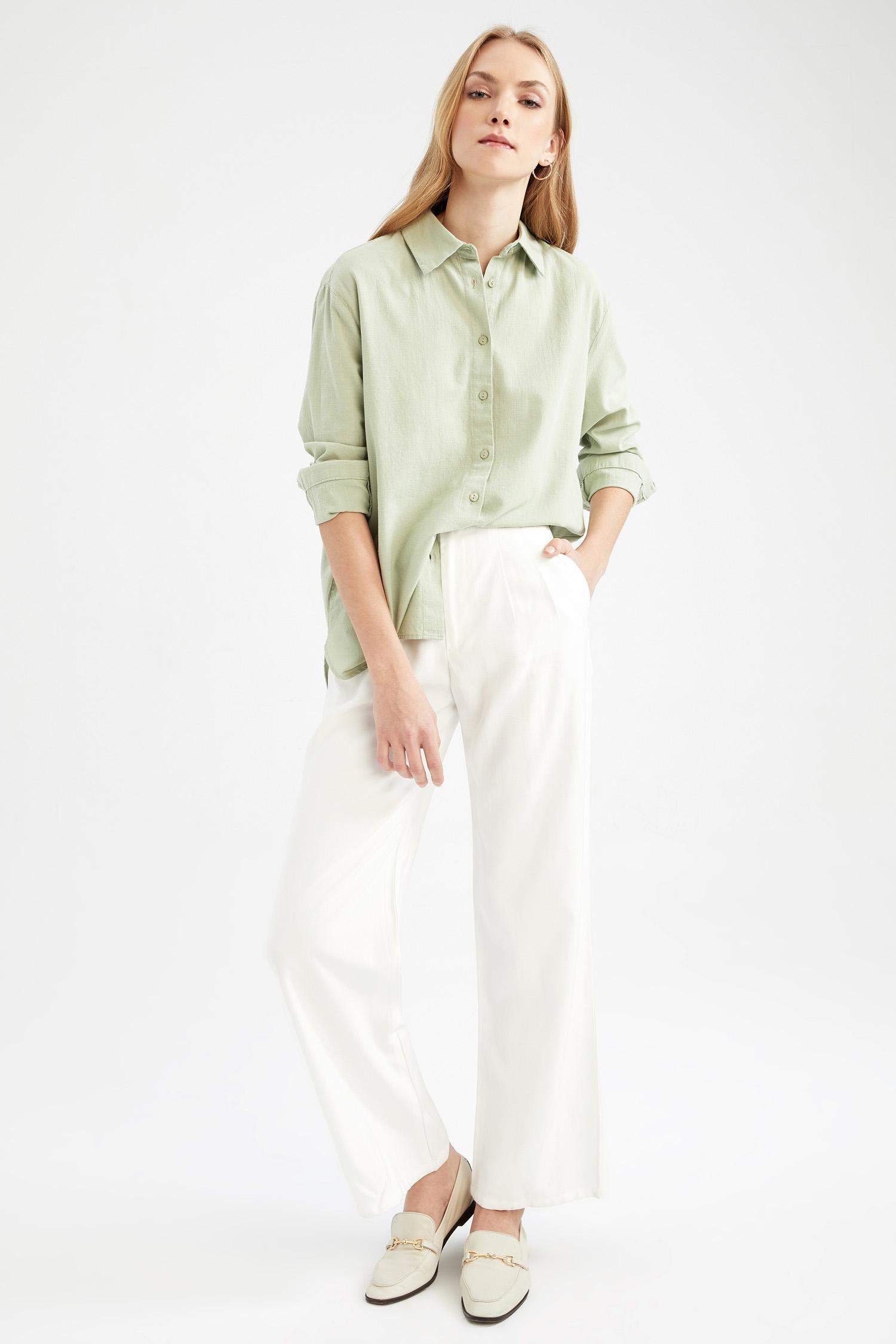 Green Woman Oversize Fit Shirt Collar Linen Long Sleeve Shirt 2723807 ...