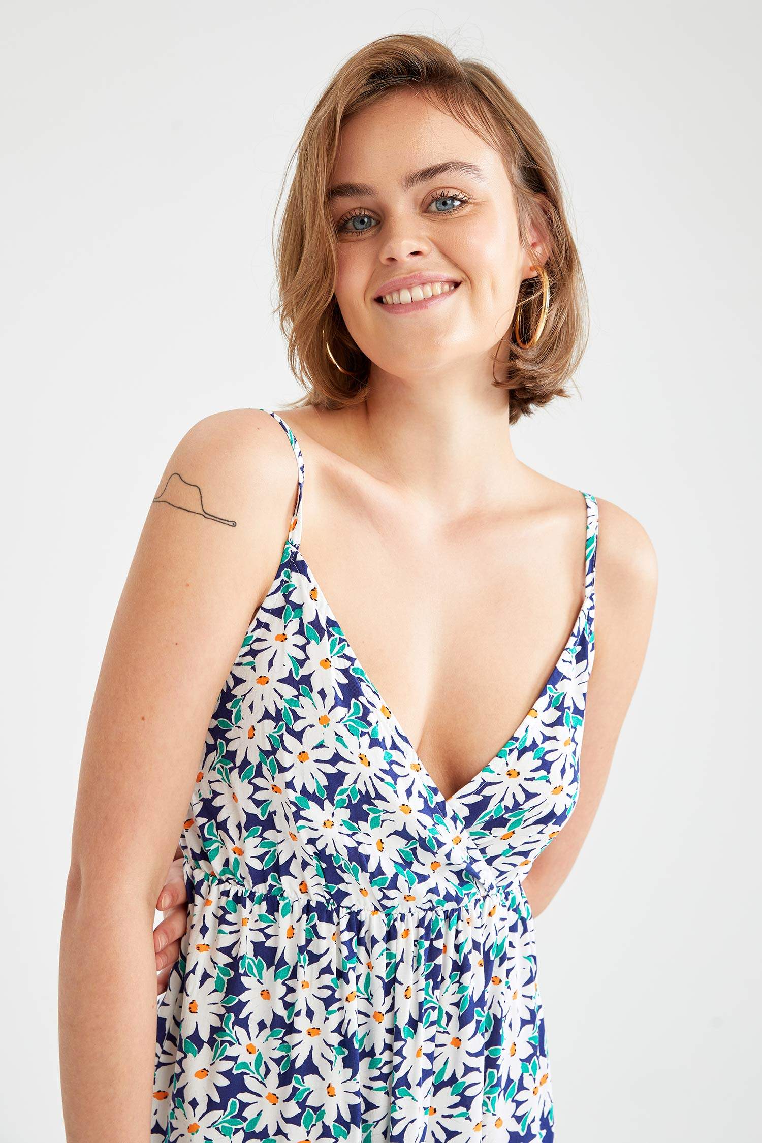 Navy Woman Double Breasted Collar Strappy Flower Print Mini Dress