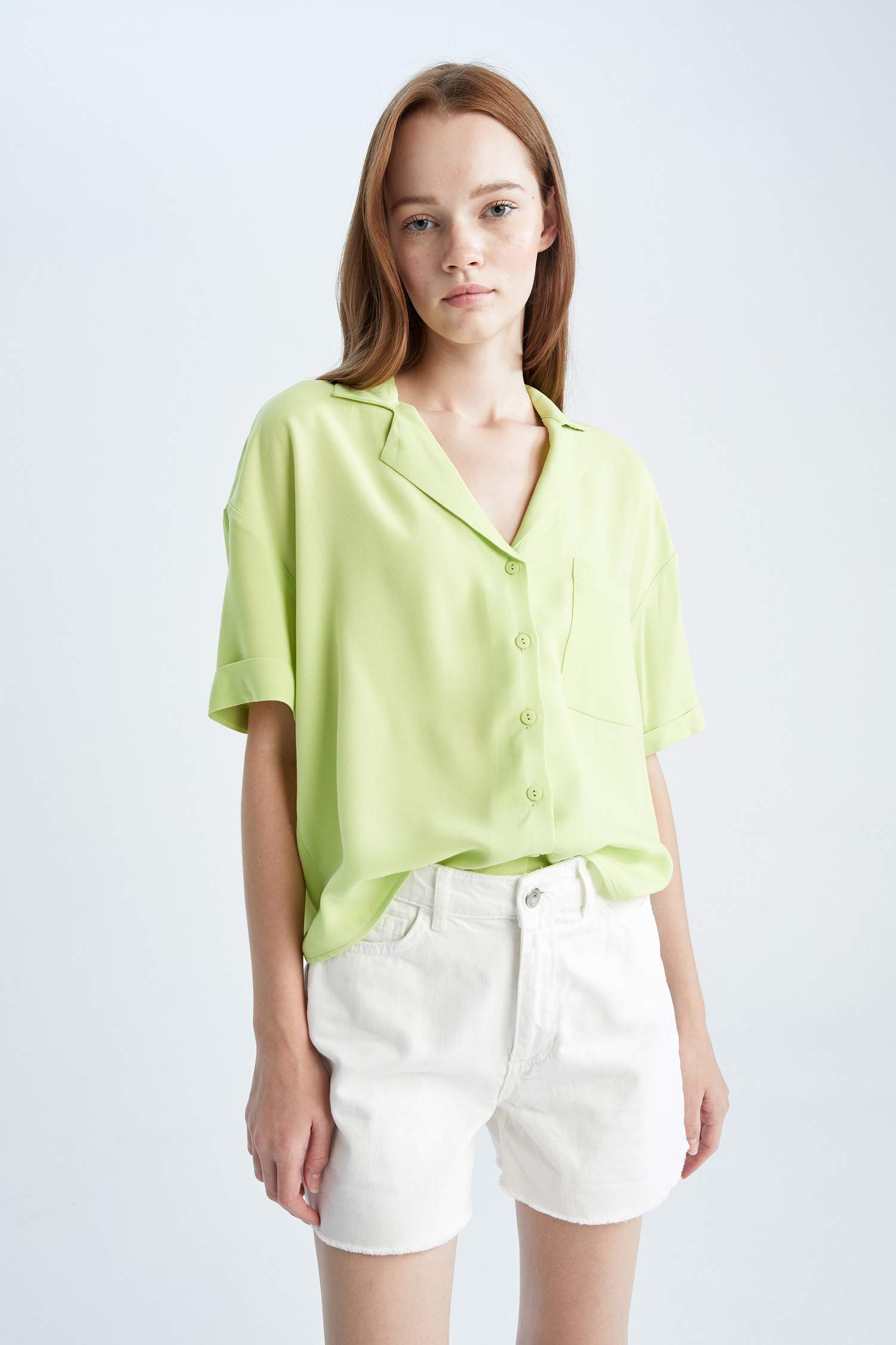 Green Woman Relax Fit Pajama Collar Short Sleeve Shirt 2667376 | DeFacto
