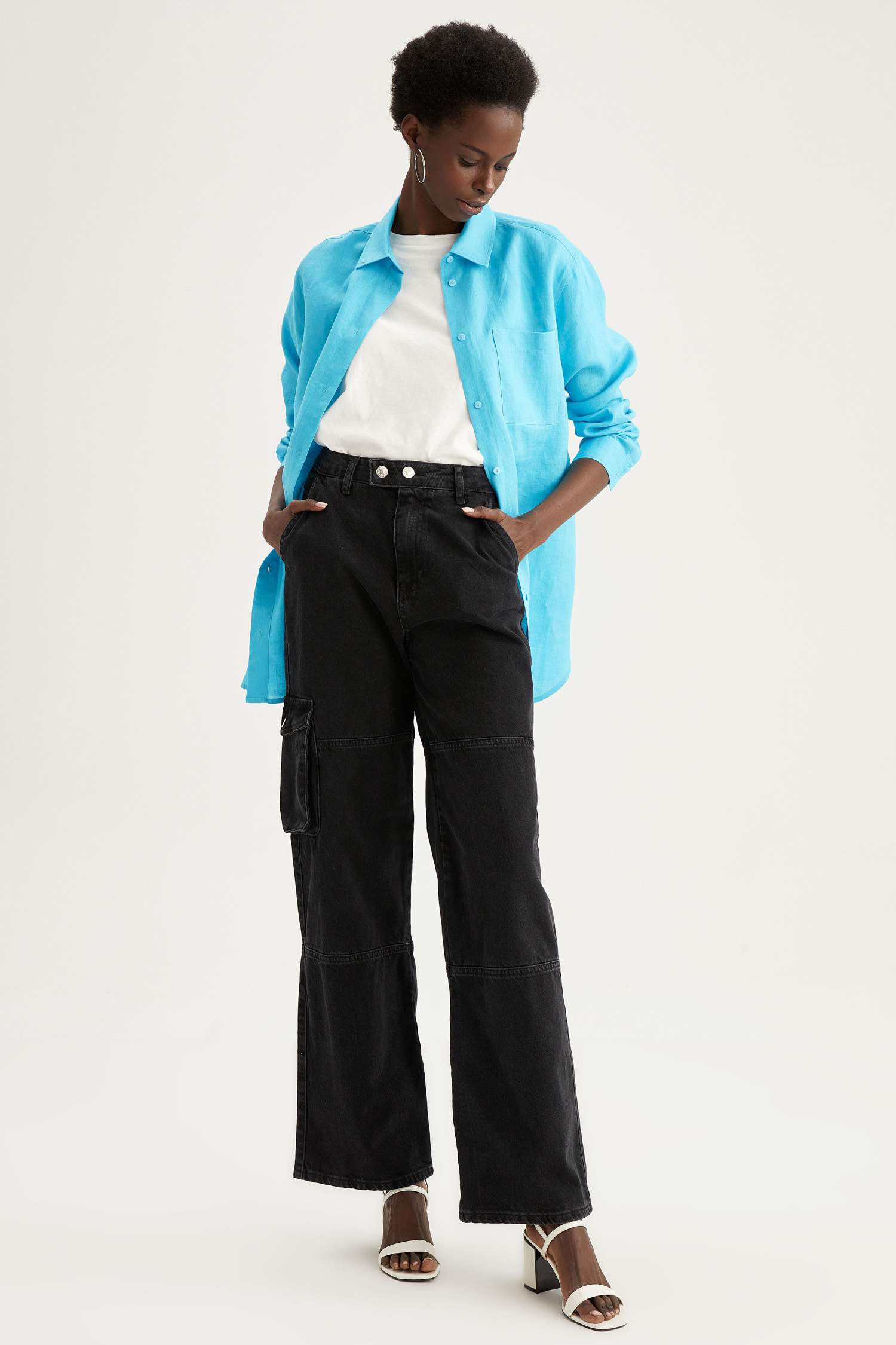 Turquoise FEMME Tunique à manches longues en lin à carreaux coupe ...