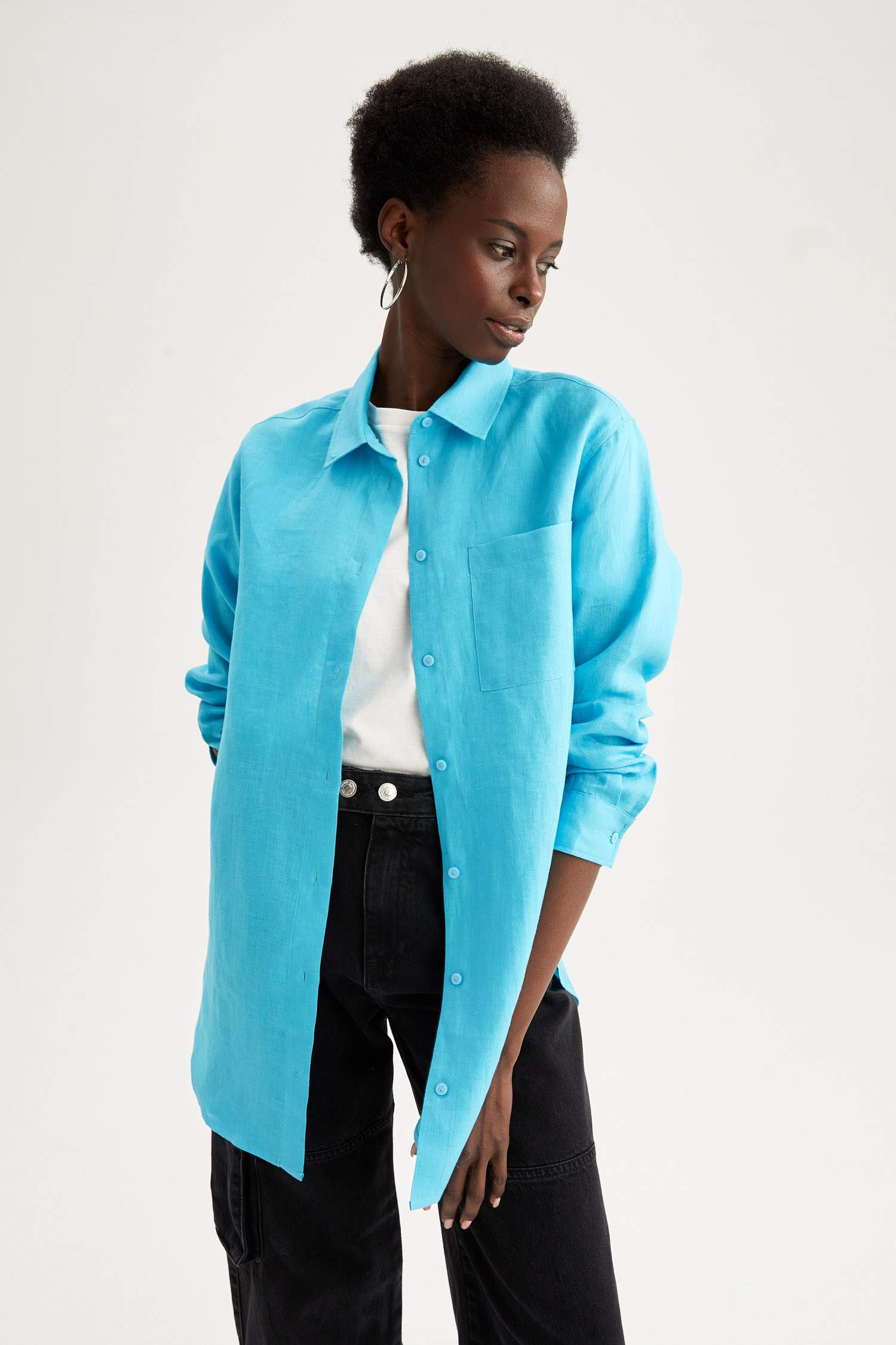 Turquoise FEMME Tunique à manches longues en lin à carreaux coupe ...