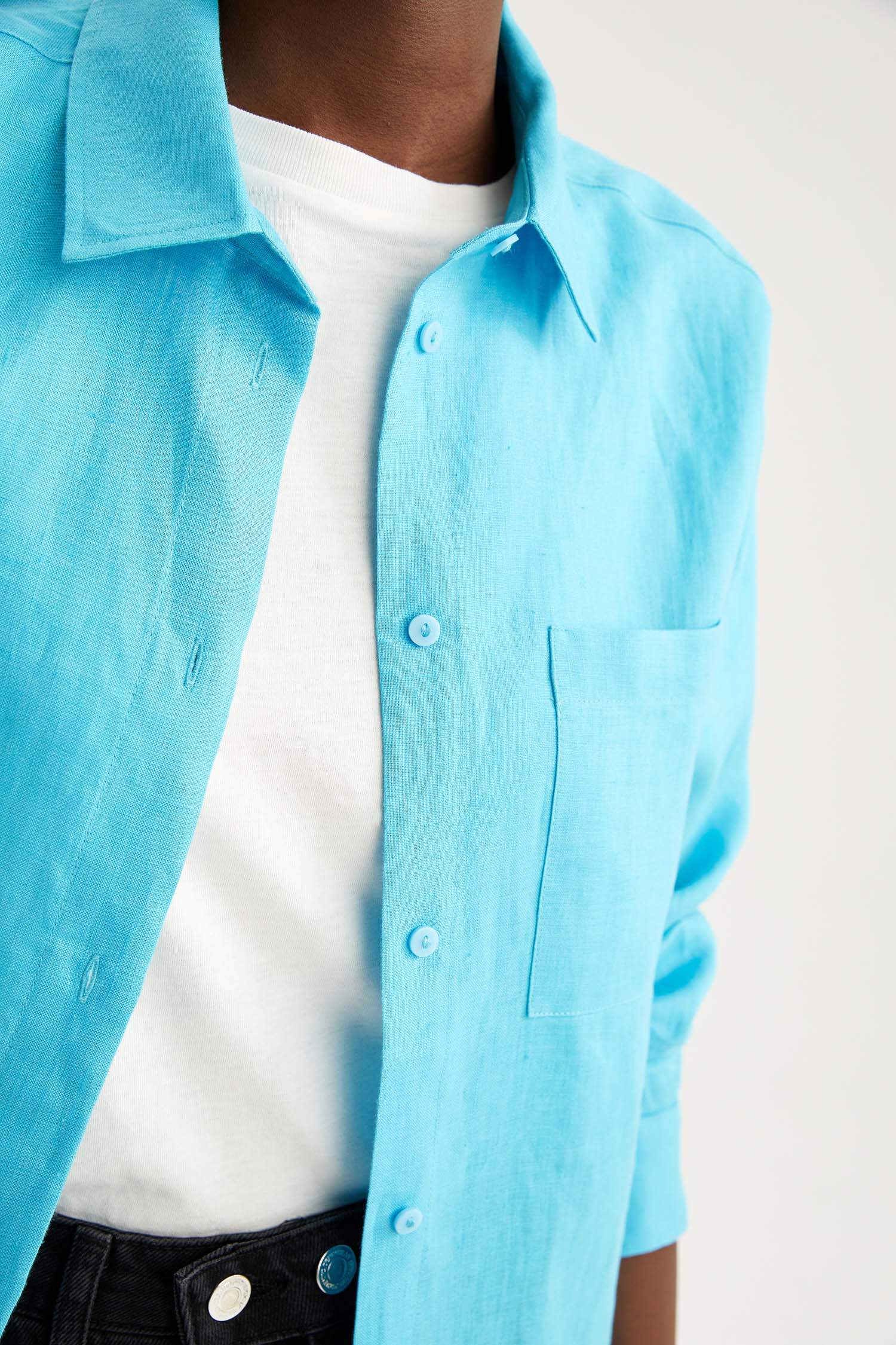 Turquoise FEMME Tunique à manches longues en lin à carreaux coupe ...