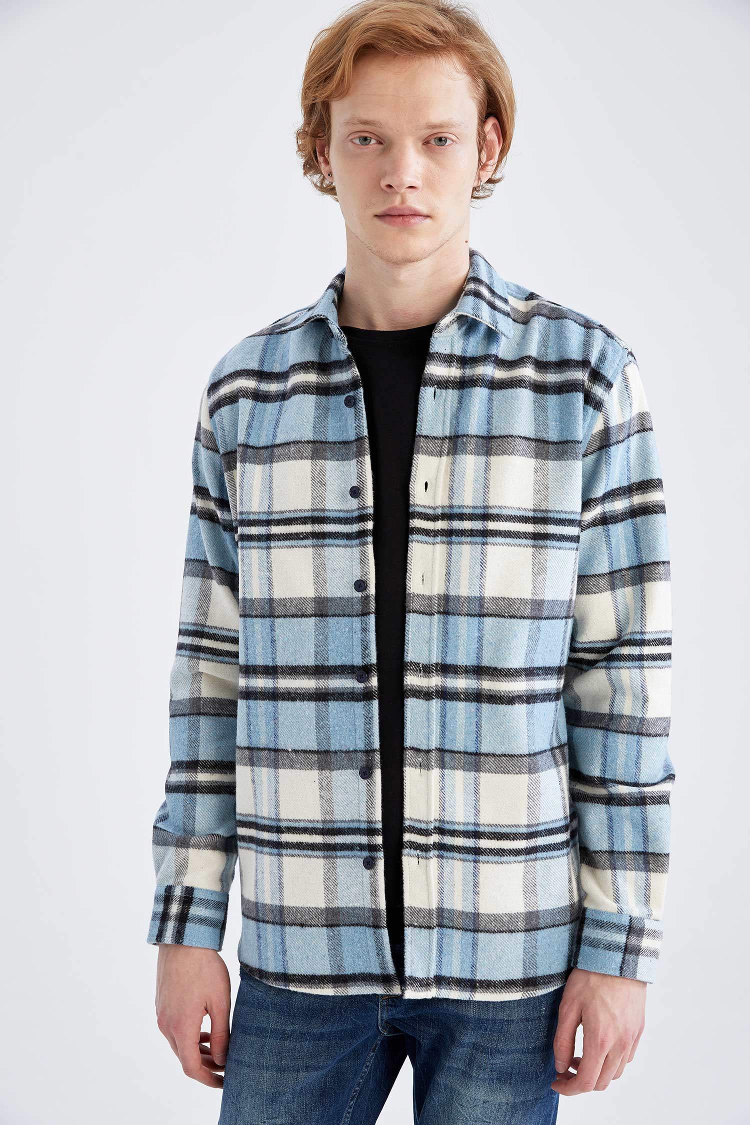 Blue Man Regular Fit Long Sleeve Check Print Shacket 2431922 | DeFacto