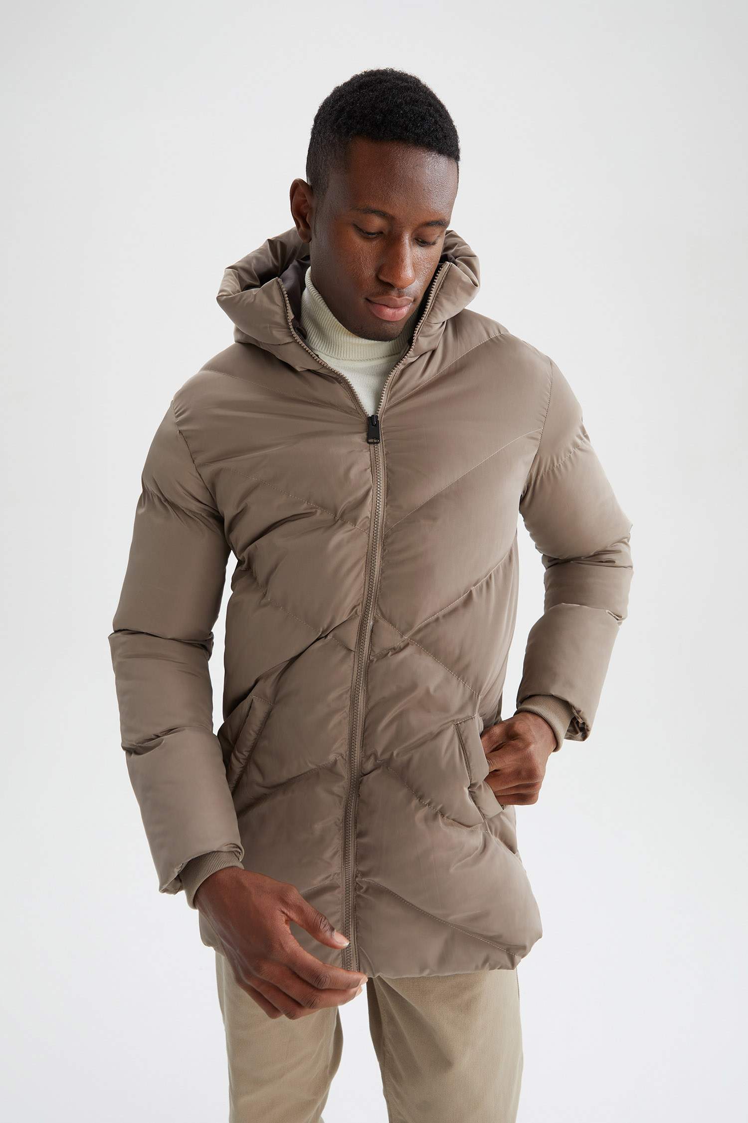 Beige MAN Regular Fit Hooded Water Repellent Inflatable Coat Parka ...
