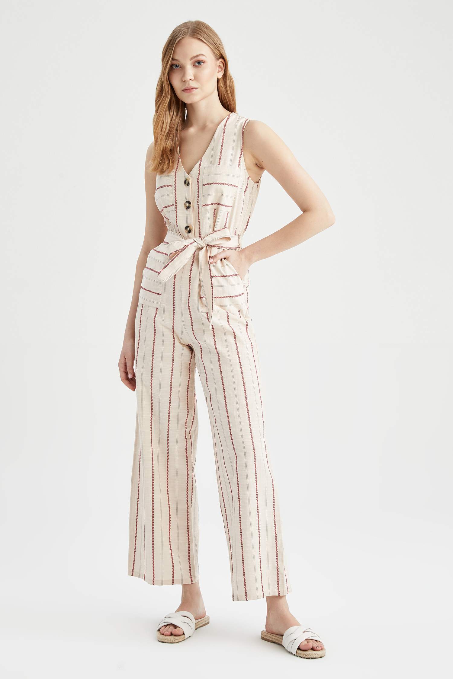 Ecru Woman Linen Look V Neck Striped Sleeveless Jumpsuit 2373075 Defacto