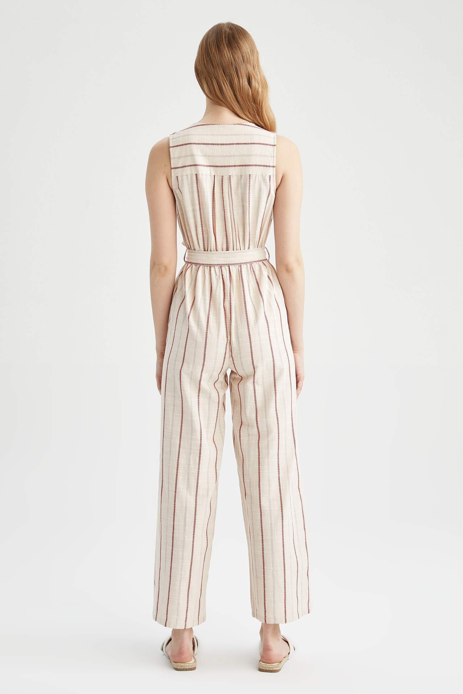 Ecru Woman Linen Look V Neck Striped Sleeveless Jumpsuit 2373075 Defacto