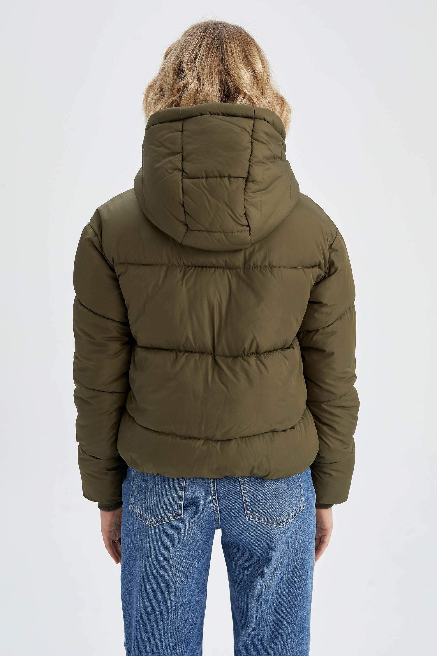 Khaki Woman Relax Fit Hooded Synthetic Lining Puffer Inflatable Coat ...