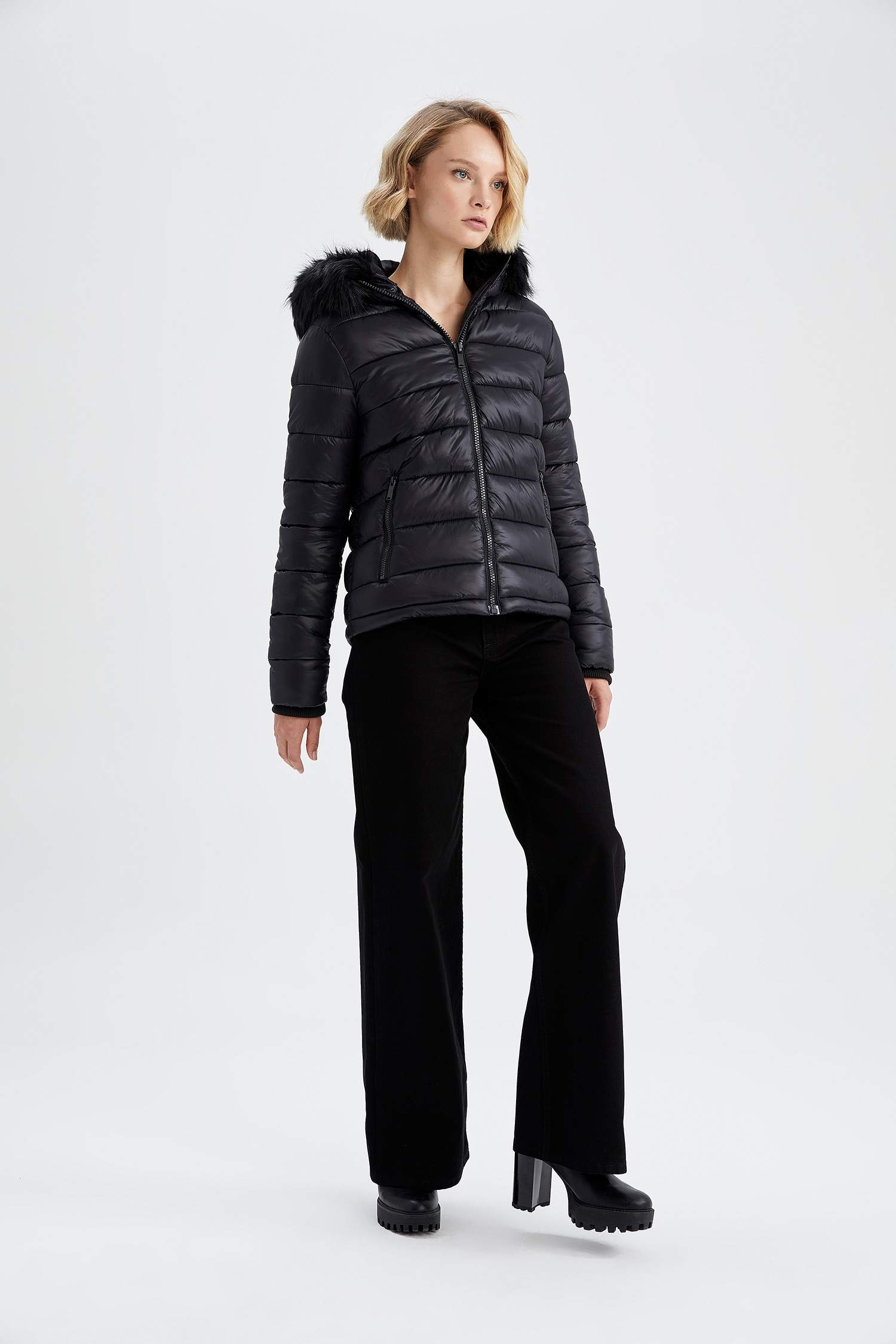 Black WOMEN Regular Fit Furry Coat 2486322 | DeFacto