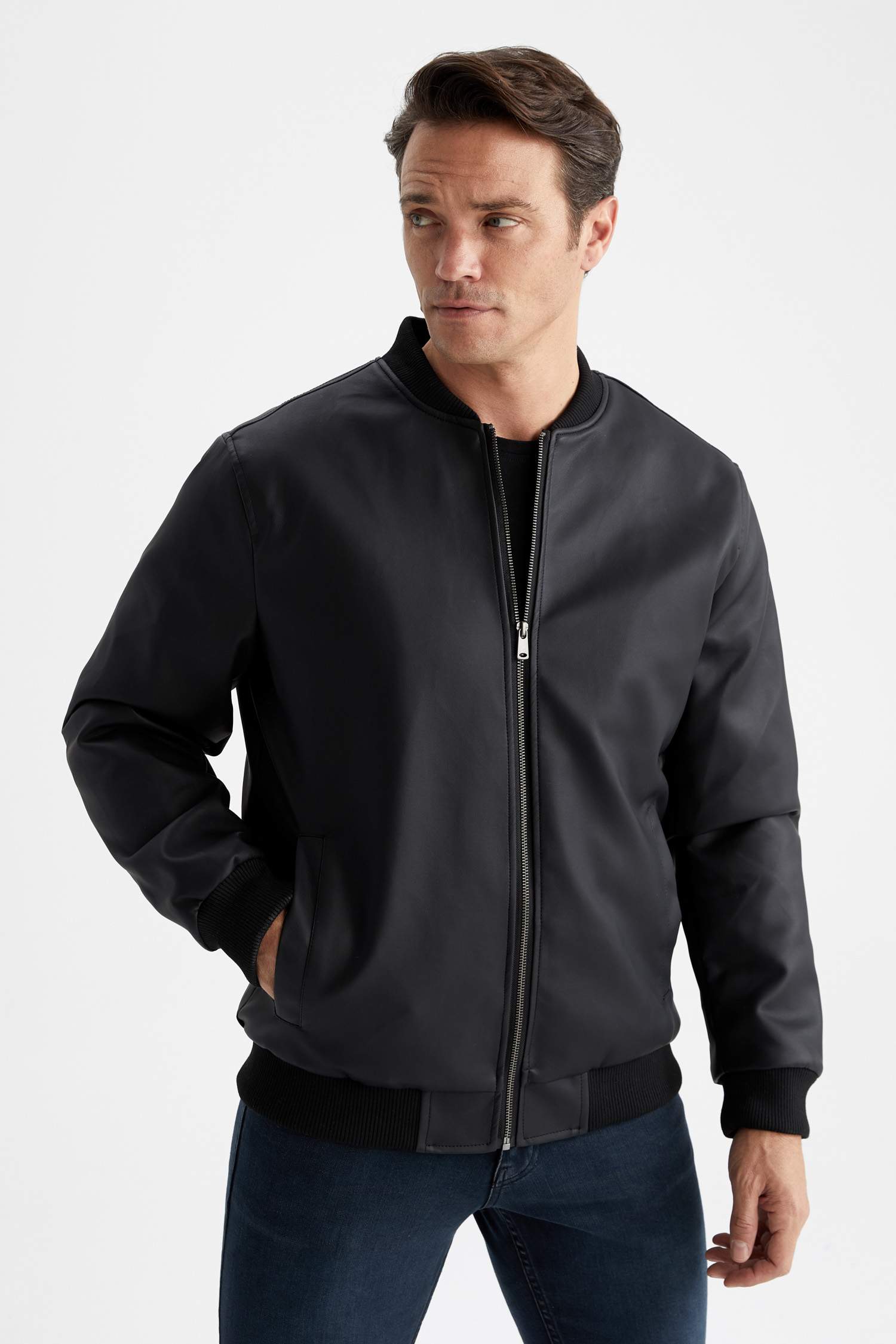 Black MAN Regular Fit College Collar Faux Leather Bomber Jacket 2563696 ...
