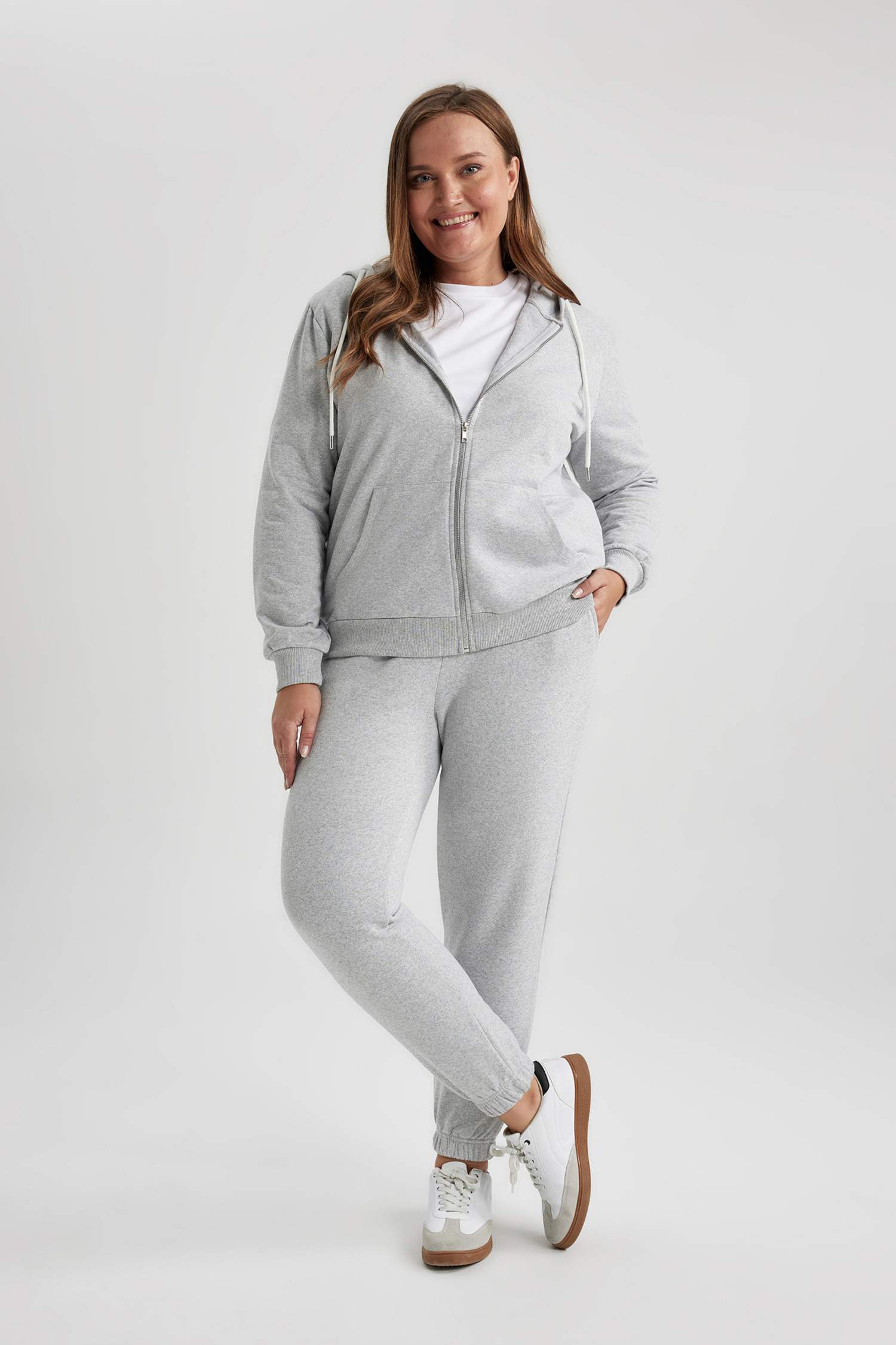 Grey WOMAN Regular Fit Hooded Basic Thin Sweatshirt Fabric Cardigan ...