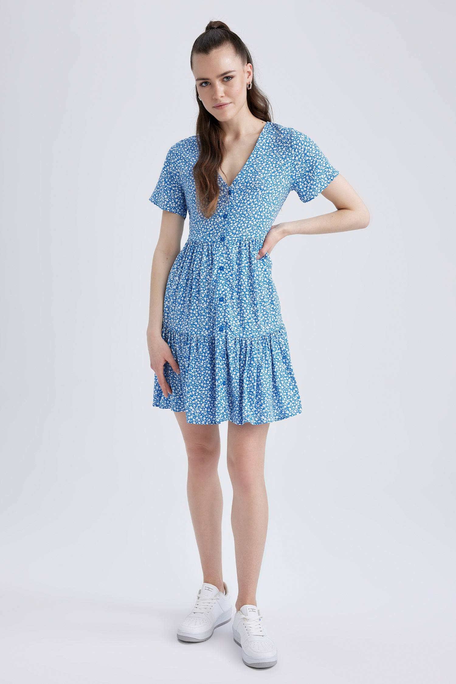 Mavi Kadın V Yaka Desenli Kısa Kollu Mini Elbise 2780819 | DeFacto