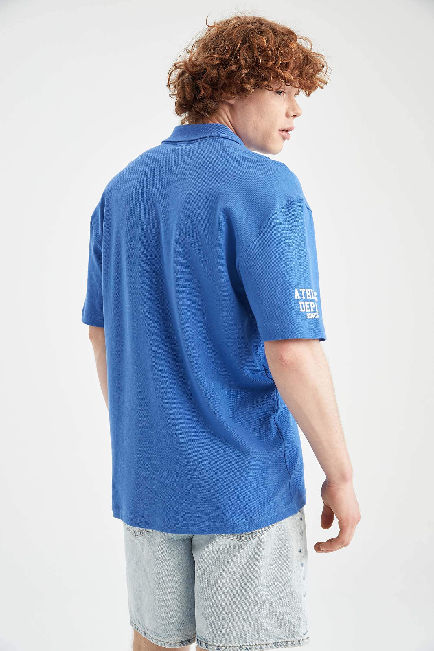 Blue Man Boxy Fit Polo Neck Printed Cotton Combed Cotton T-Shirt ...