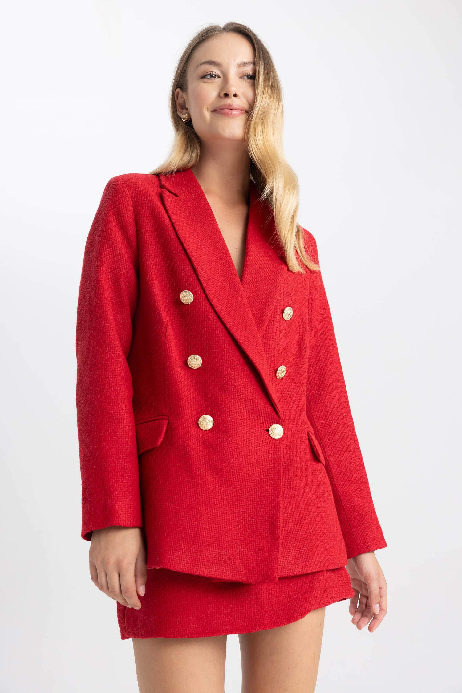 Red WOMAN Oversize Fit Tweed Blazer 2905050 | DeFacto
