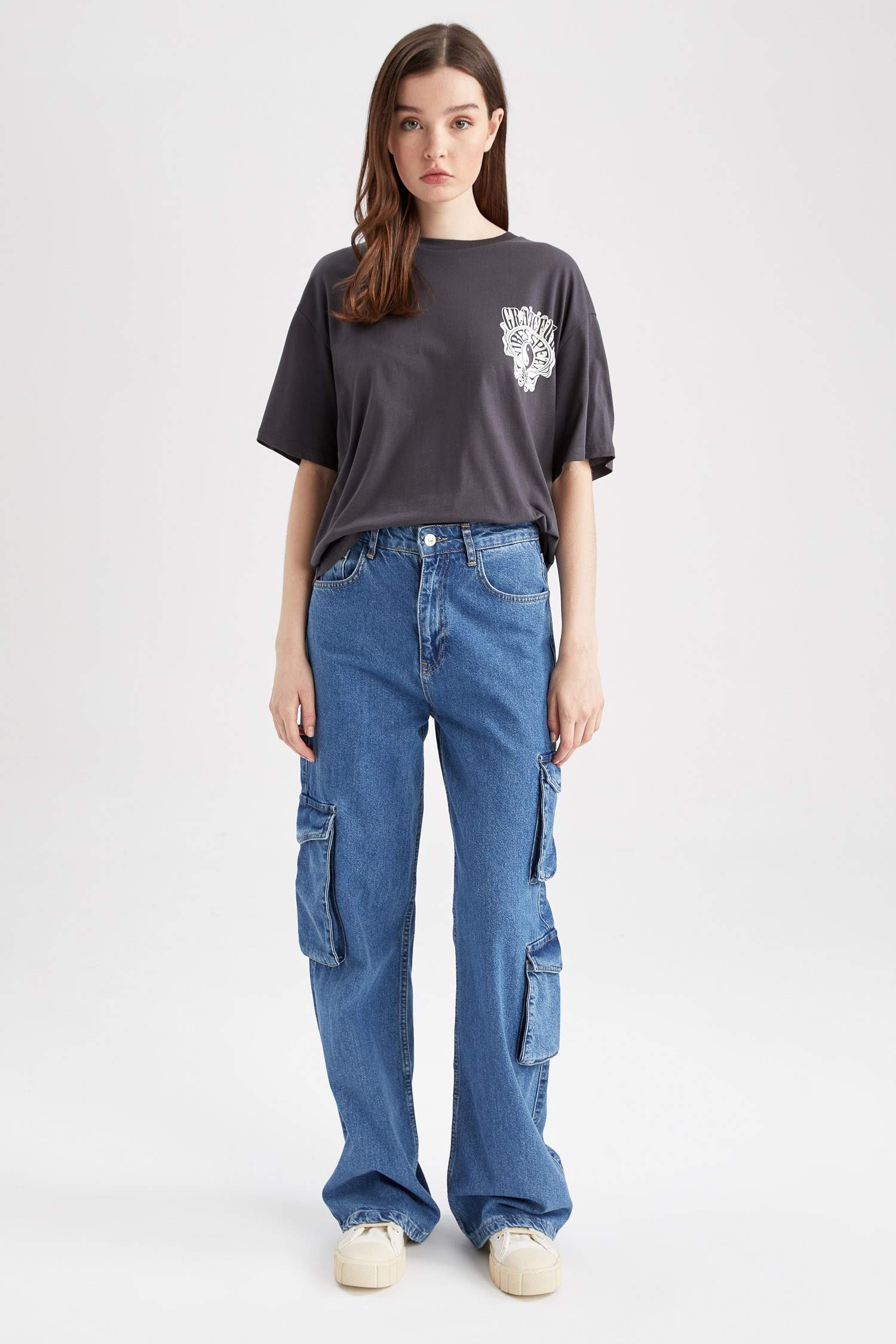 Anthracite WOMAN Loose Fit Crew Neck Printed Short Sleeve T-Shirt ...